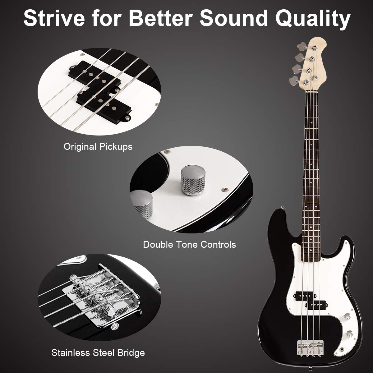 Goplus Full Size 4 String Electric Bass Guitar with Strap Guitar Bag Amp Cord (Brown Bass 4 Straps)
