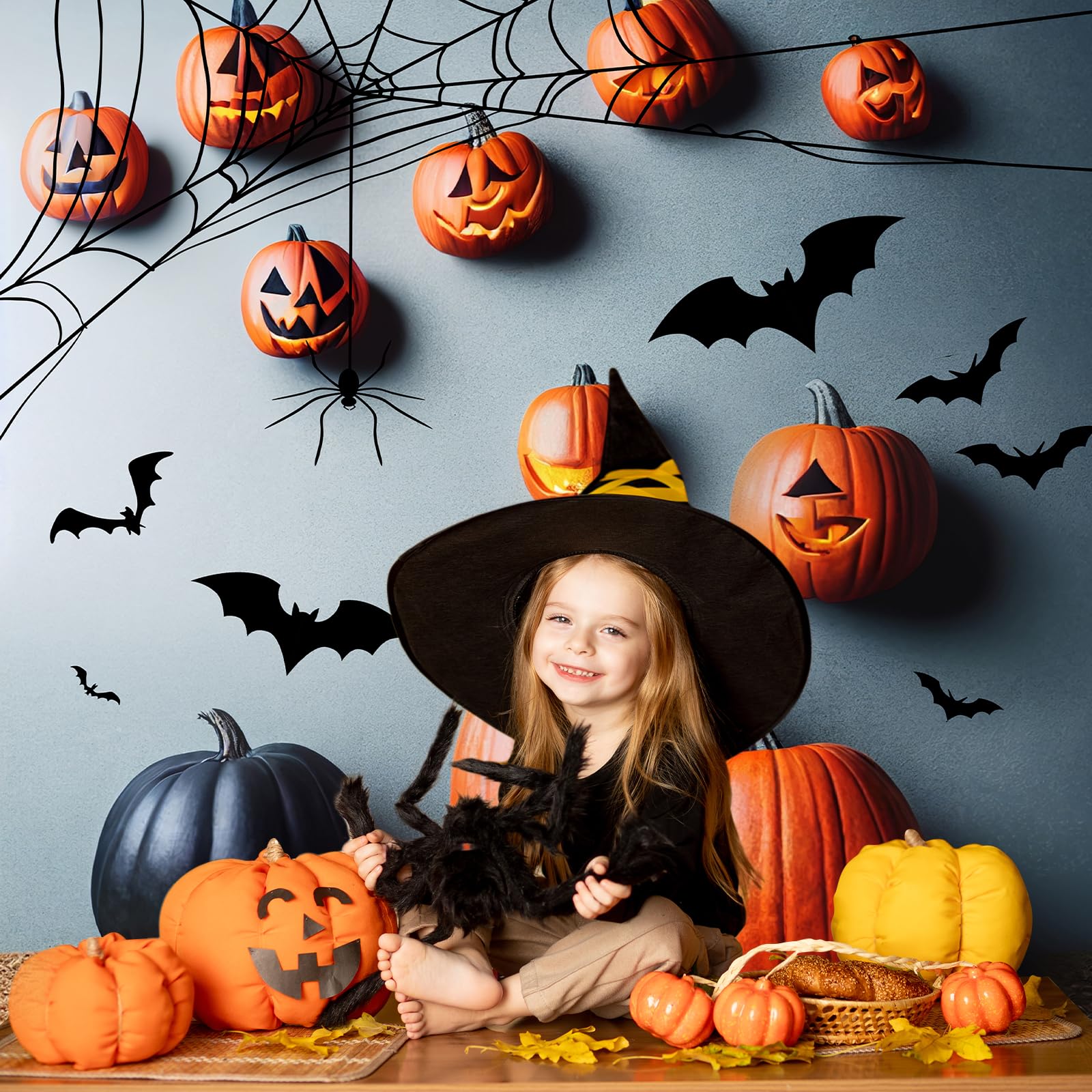 Avezano Halloween Backdrop Black Bats Scary Pumpkin Backdrop Spider Web Hay Fall Backdrops for Baby Shower Kids Family Portrait Photoshoot Studio Props (5x7ft, 59x83inch)