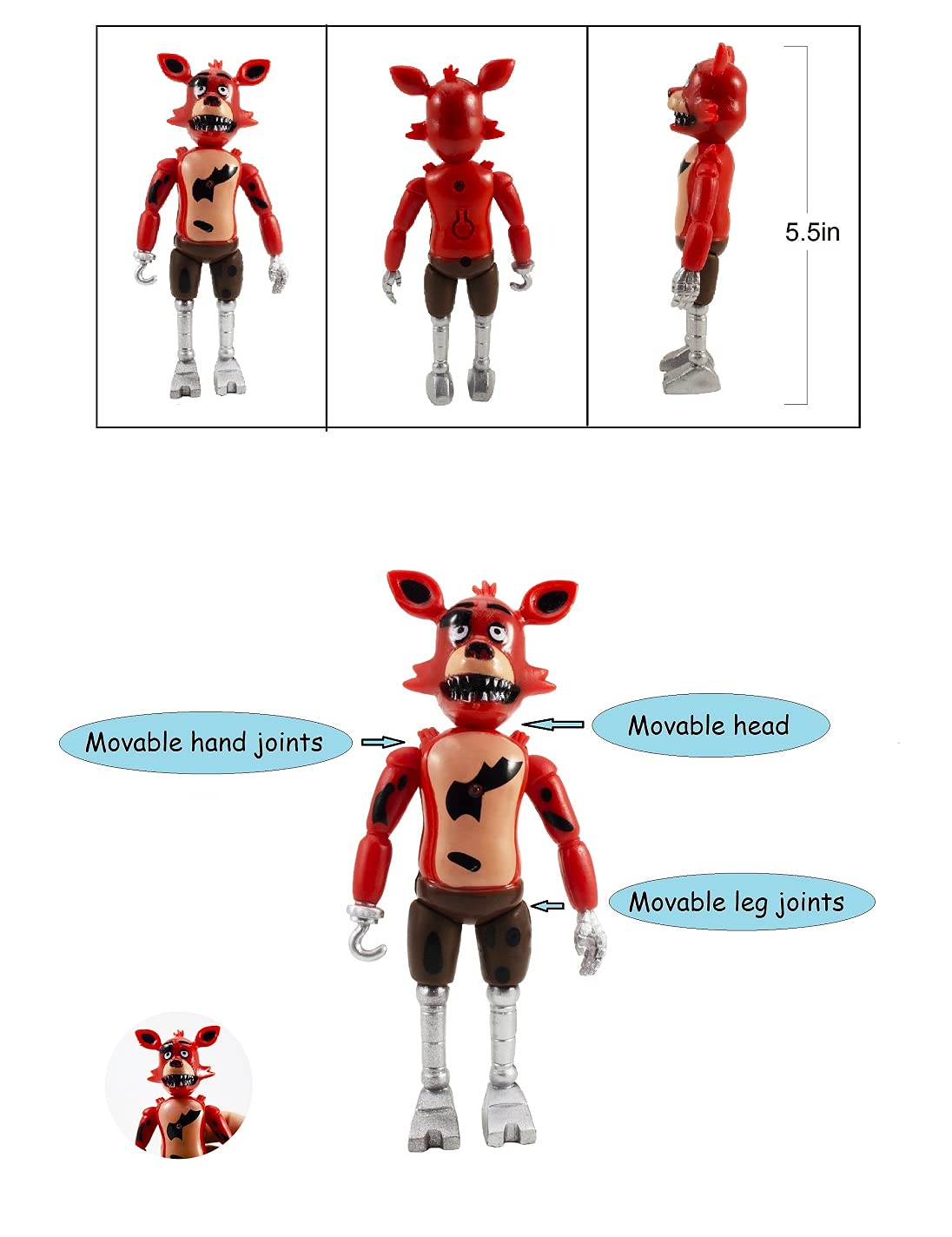 Lev 5 FNAF Action Figures Toy Set Inspired by Action Figures Freddy / Golden Freddy / Foxy / Chica / Bonnie Toys Gift Figure. Size 5-6 inches, Multicolor