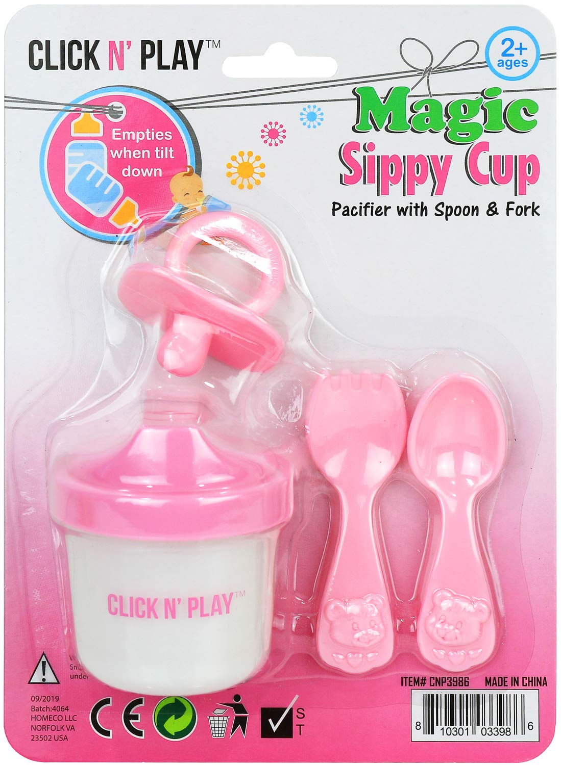 Click N' Play Magic Disappearing Sippy Cup & Doll Pacifier Set, Baby Doll Bottle with Milk, Accessories for Kids Ages 2-4, Pink