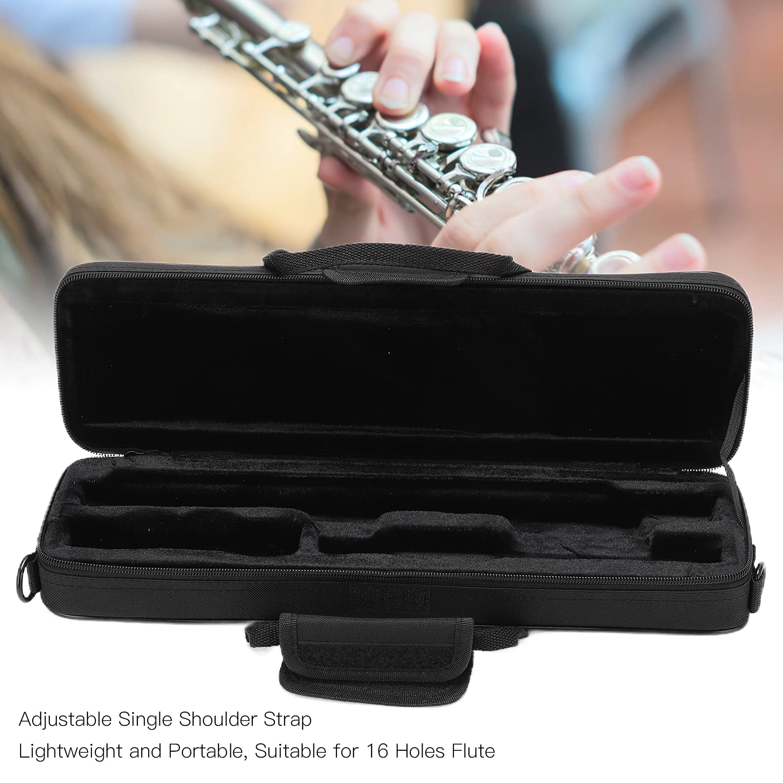 Flute Carry Case with Adjustable Strap and Handle - Padded Instrument Case for 16-Hole Flute - Exterior Pocket (Black)