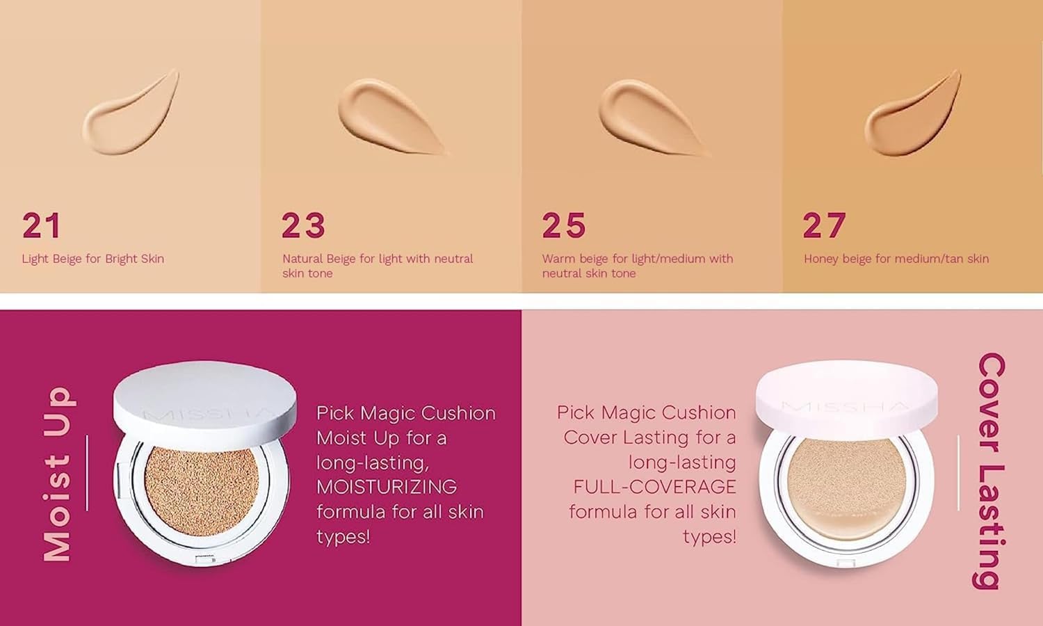 MISSHA Magic Cushion Foundation No.21 Light Beige for Bright Skin, Flawless Coverage,Dewy Finish,Easy Application for All Skin Types