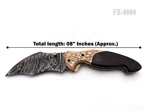 SHINY CRAFTS -Damascus Pocket Knife Knives For Men OTF Knife Survival Knife- Folding Knives - Everyday Carry - PlainEdge - Leather Sheath (FK 04)