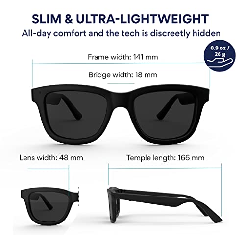 Ampere Dusk App-enabled Tint Adjustable Sunglasses, Smart Sunglasses with Open Ear Audio, Electrochromic, Polarized Lenses, Music, Calls (Black)