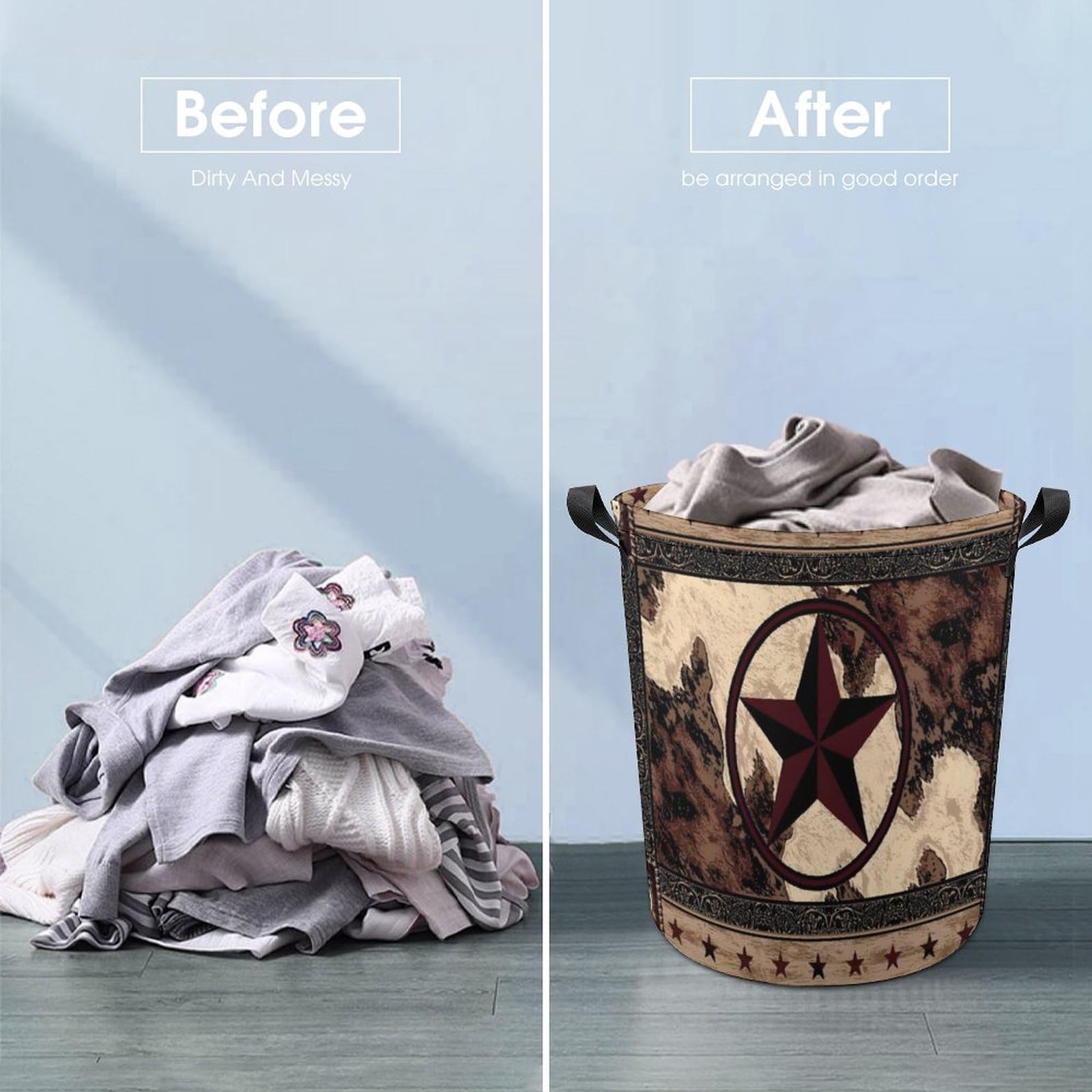 Rustic Western Country Texas Star Cowboy Cowgirl Round Laundry Hamper Storage Basket Waterproof Coating Organizer Bin For Clothes Toys