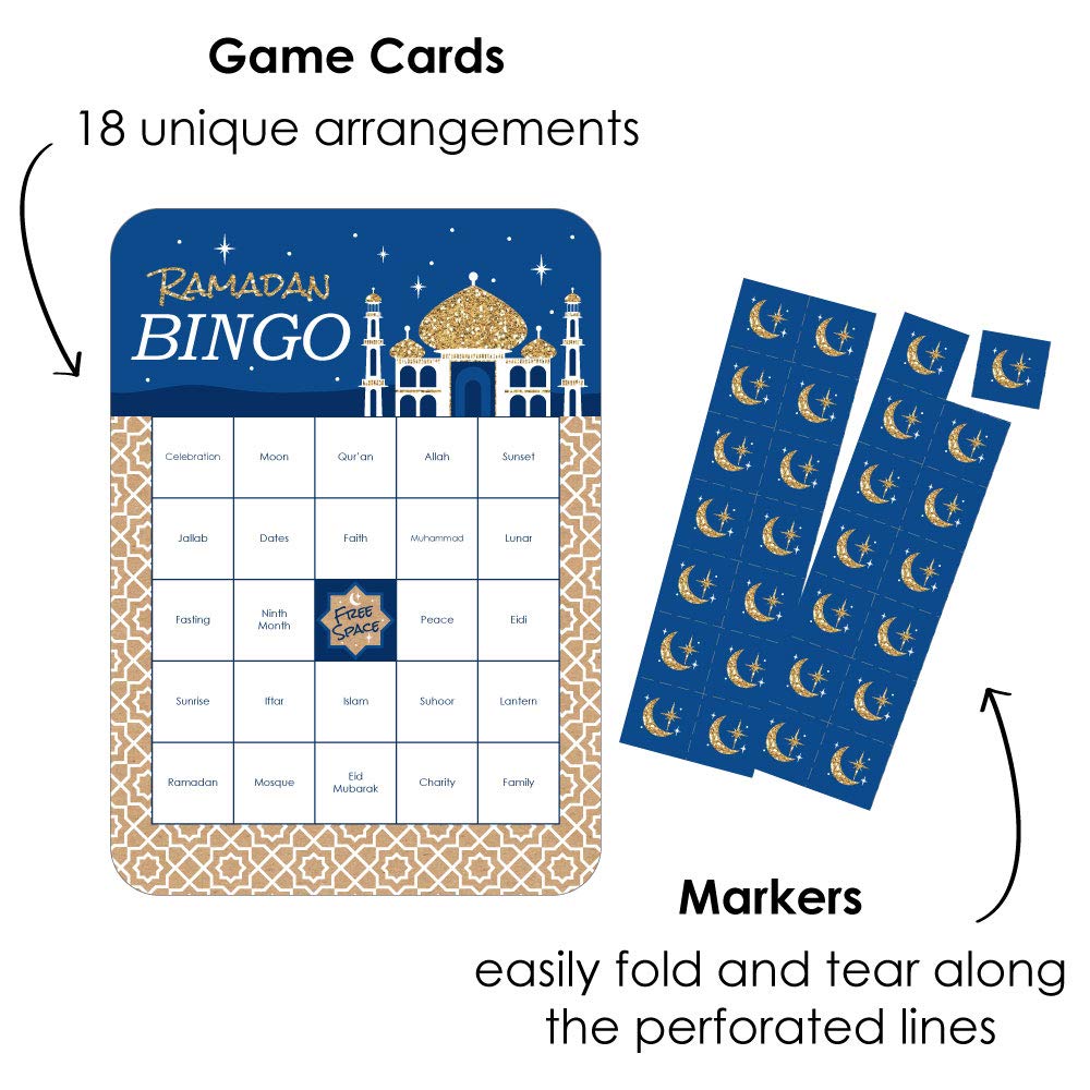 Big Dot of Happiness Ramadan - Bingo Cards and Markers - Eid Mubarak Bingo Game - Set of 18