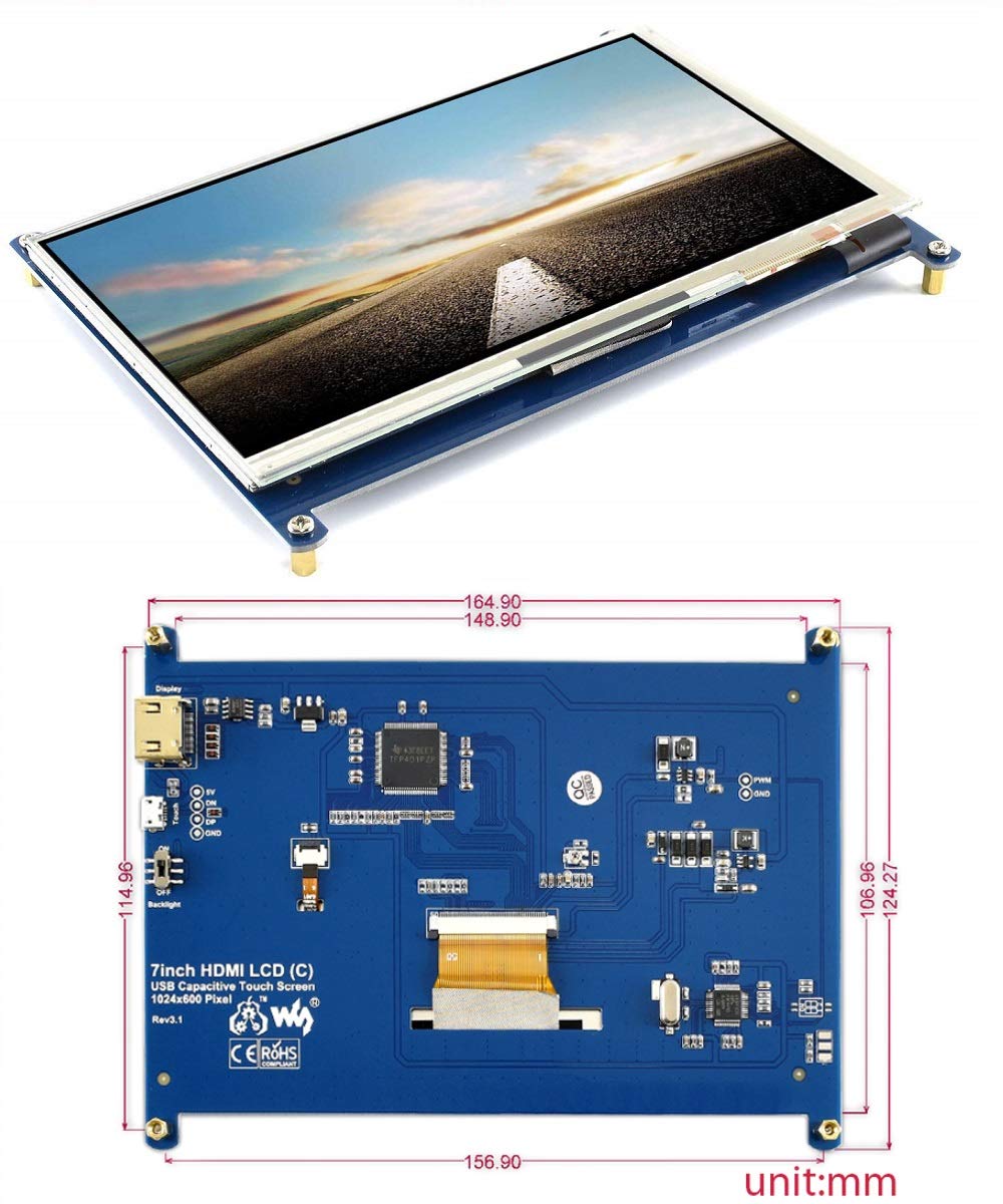 Waveshare 7 inch Capacitive Touch Screen IPS Display HDMI LCD Module 1024x600 Touchscreen for Raspberry Pi 4/3/2/1 Model B/B+/A+/BeagleBone Black/Banana Pi, Windows 10/8.1/8/7