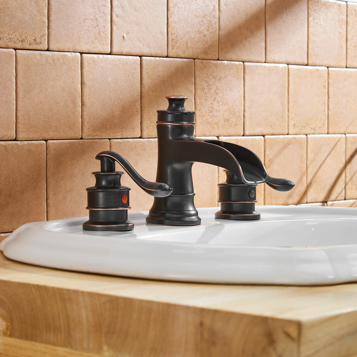 BWE 3 Hole Widespread Bathroom Faucet 8β Oil Rubbed Bronze Farmhouse Waterfall Pop Up Drain Stopper Assembly with Overflow and Supply Line Lead-Free Two Handle Bath Lavatory Sink ORB Mixer Tap