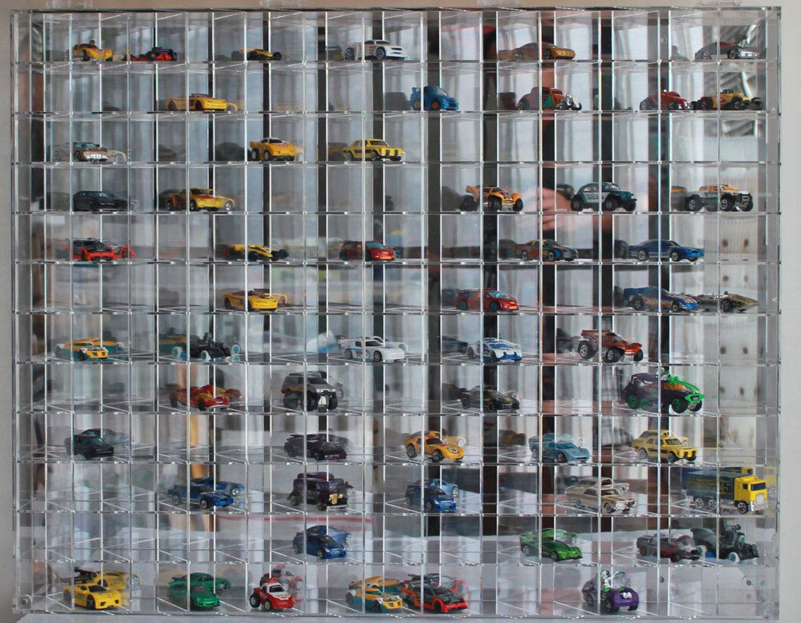 DisplayGifts Clear Acrylic Display Case for 1:64 Scale Hot Toy Cars Wheels Model Cars Display with 144 Compartments in 45 Degree Angle, Clear, UV Protect 22.5 X 30.4 X 3 Inches, Wall Mounted Storage