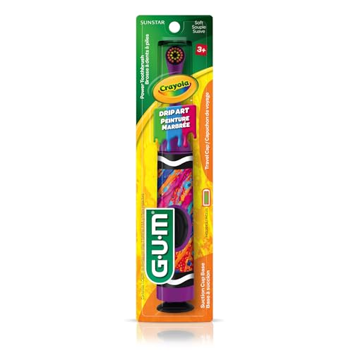 GUM Crayola Power Toothbrush for Kids, Extra Soft Bristled Toddler Toothbrushes, Travel Cap + Suction Cup Base, Batteries Included, 1ct (4pk)