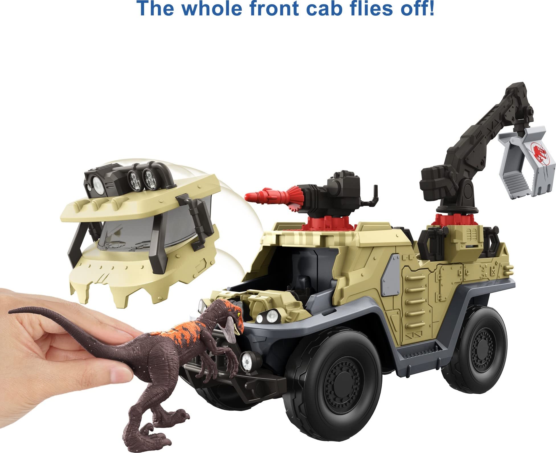 Mattel Jurassic World Dominion Capture & Crush Truck & Dino Playset with Velociraptor Action Figure, Vehicle Features Tranq Shooter, Crane & 2 Breakaways