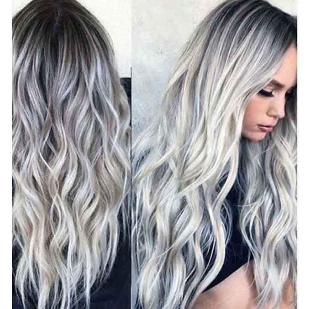 Rswsp 23" Natural Full Wigs Hair Long Wavy Wig Synthetic Heat Resistant (Ombre Silver)