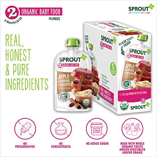 Sprout Organic Stage 2 Baby Food Pouches, Apple Oatmeal Raisin with Cinnamon, 3.5 Ounce (Pack of 6)