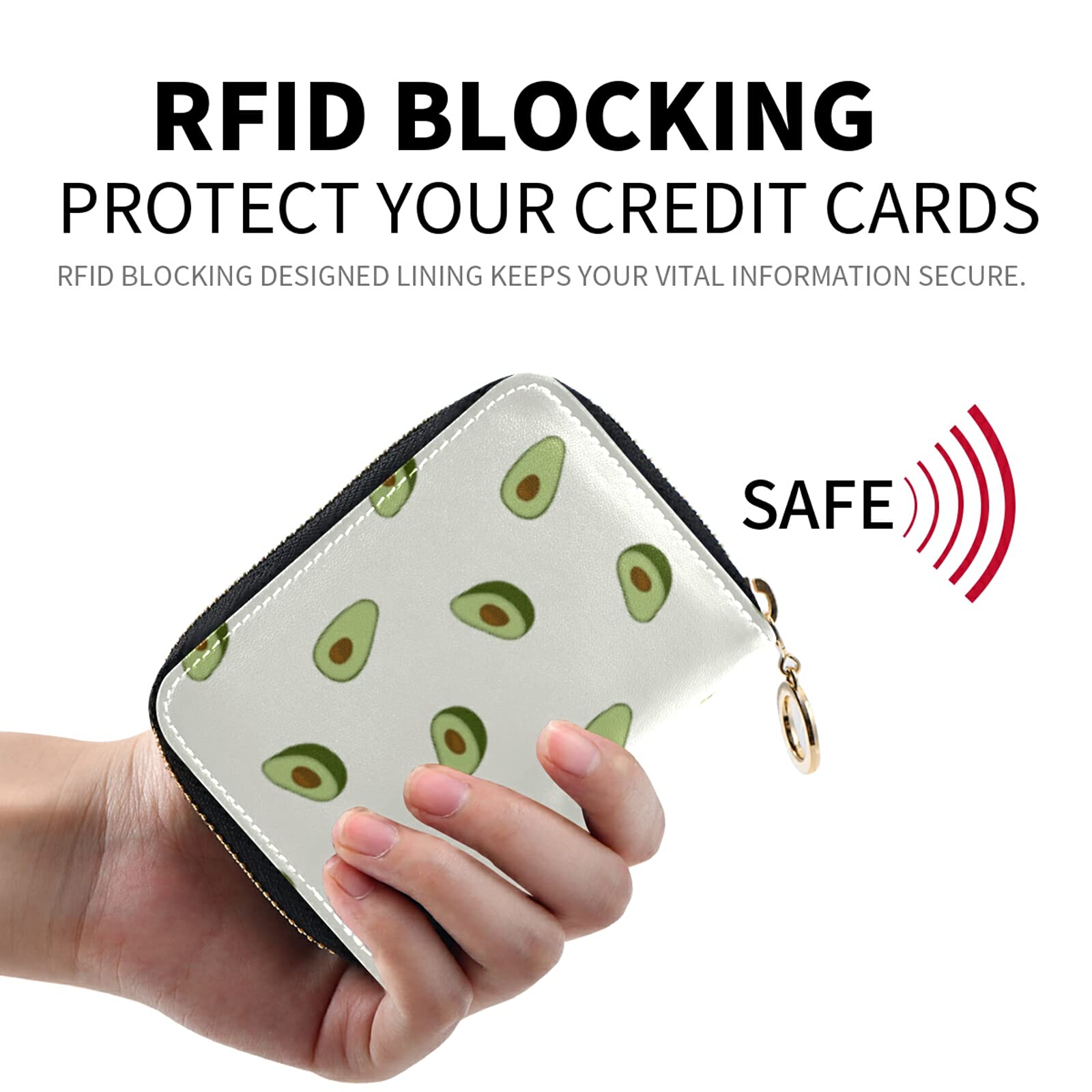 Seamless Green Avocado with Brown Seed Background Credit Card Coin wallet, Key Change Organizer Zipper Purse Compact Clutch Pouch Pocket, RFID Blocking Women Leather Card Holder
