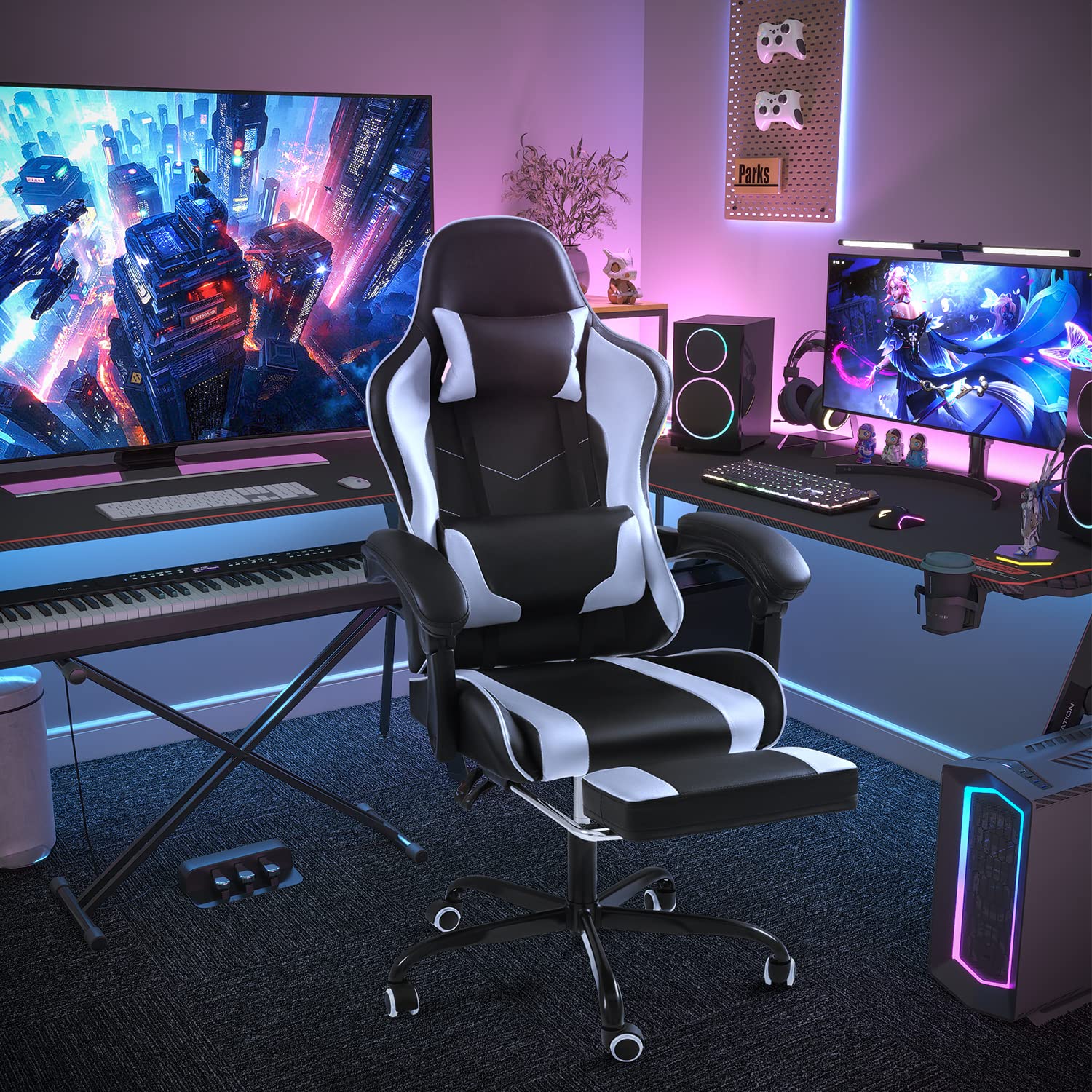 Shahoo Gaming Chair with Footrest and Massage Lumbar Support, Video Racing Seat Height Adjustable with 360°Swivel and Headrest for Office or Bedroom, Red and Black