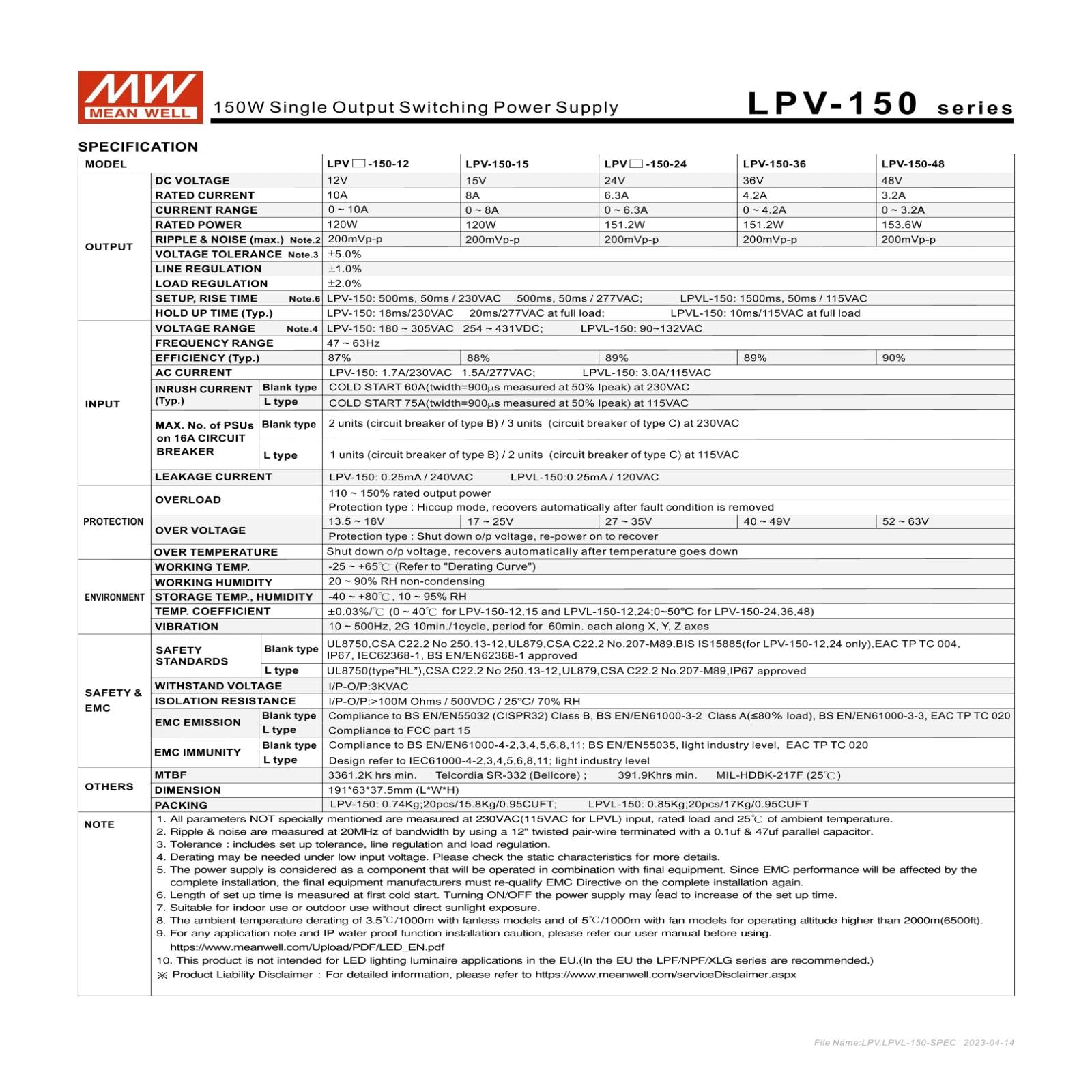 Mean Well LPV-150 LPV-150-12 LPV-150-24 LPV-150-48 LPVL-150-12 LPVL-150-24 MEANWELL LPV 150 150W