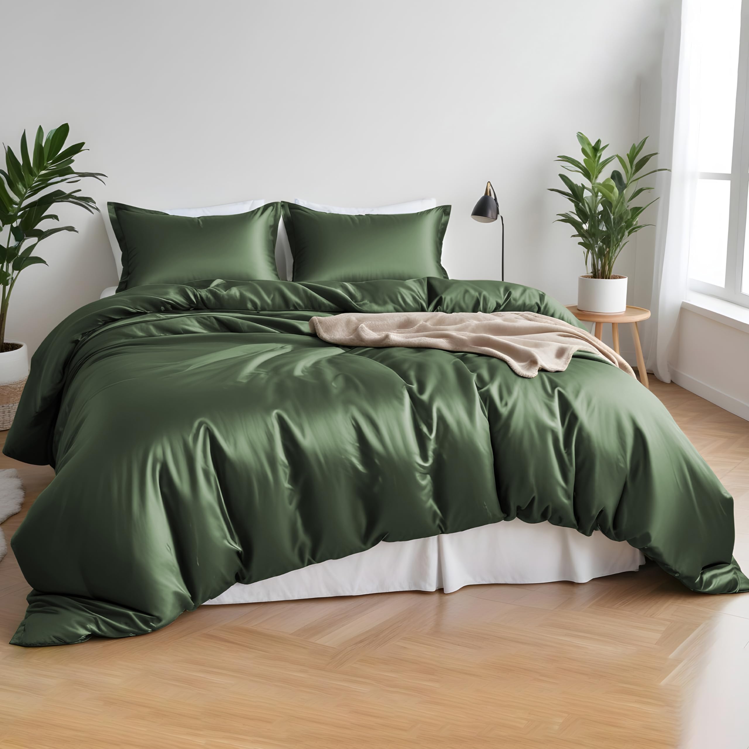 Linenwalas Duvet Cover Set King Size - Viscose Derived from Bamboo Soft, Breathable, Light Weight, Cooling Comforter Cover with Zipper Closure and Corner Ties (King, Avocado Green)