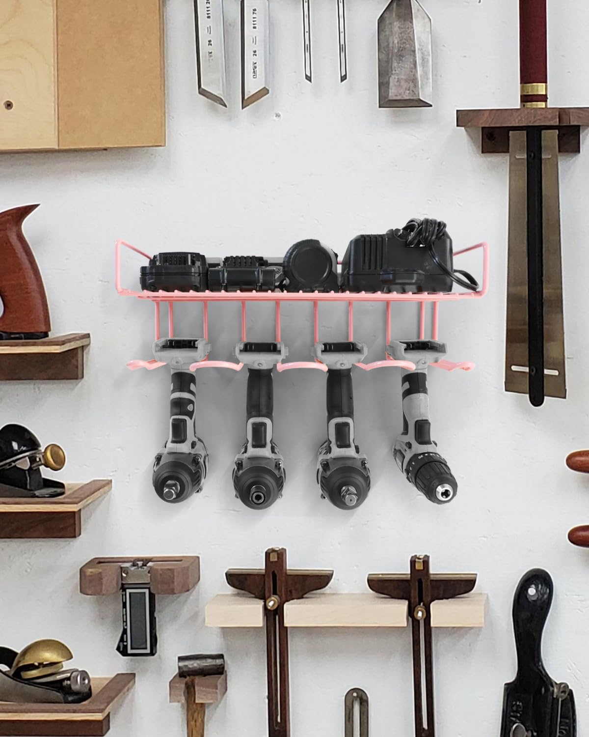 WellMall Pink Power Tool Organizer - Wall Mount Style for Power Tool Drill Storage as Heavy Duty Tool Shelf & Tool Rack with Compact Design