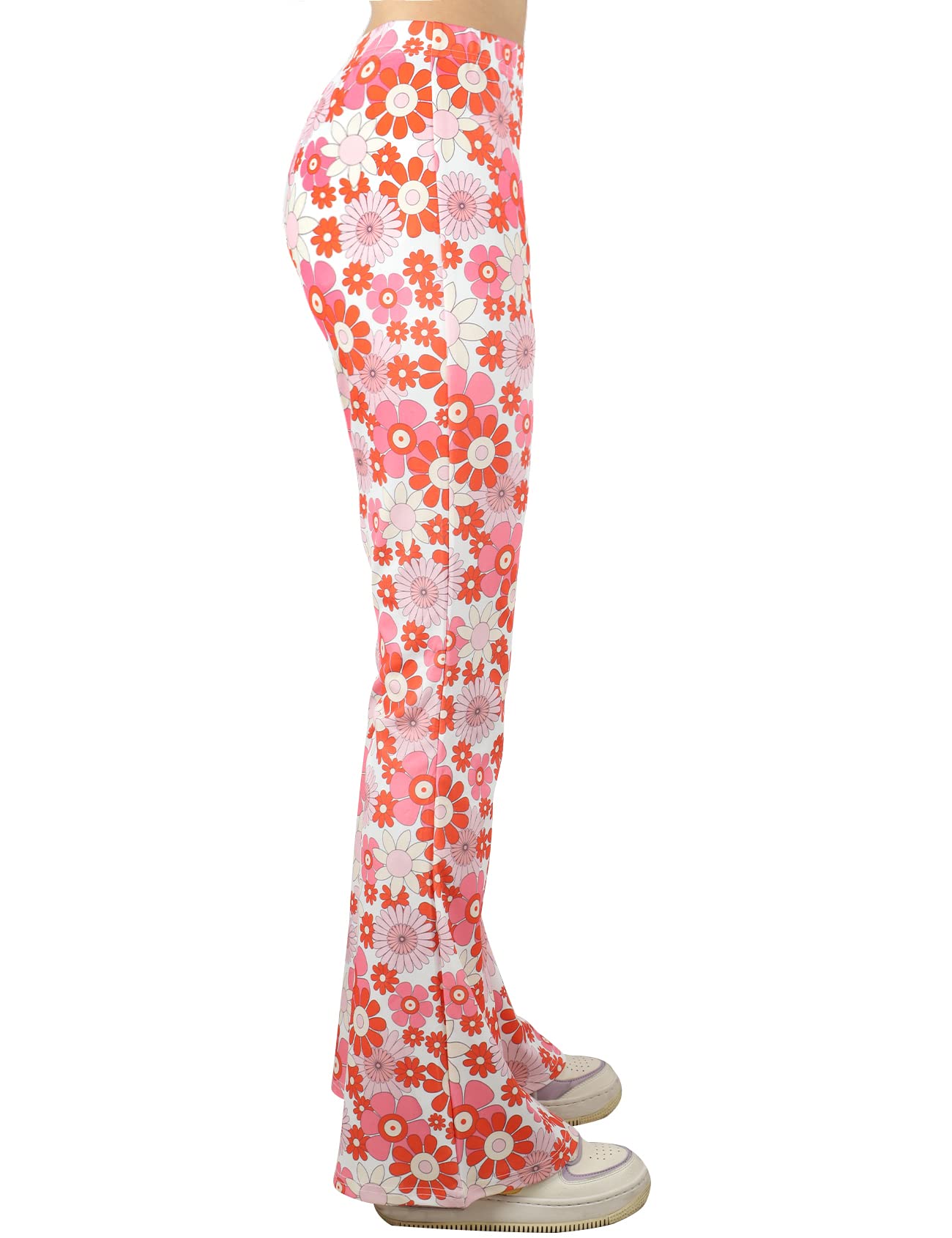 Arssm Boho Flare Pants 70s High Waist Flowerl Print Wide Leg Yoga Hippie Pants(Pink-L)