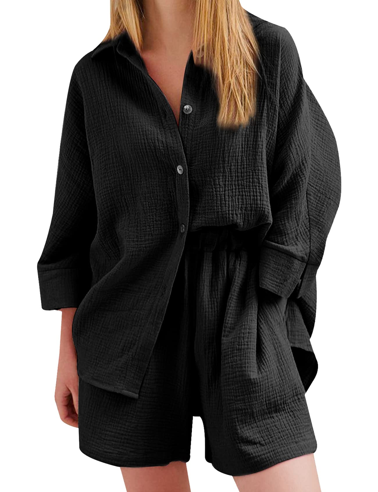 Arssm Cotton Linen 2 Piece Set for Women Casual Half Sleeve Button Down Shirt + High Waist Side Pockets Shorts Set(Black-XL)