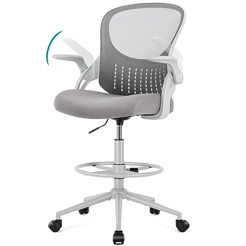 Drafting Chair with Flip-up Armrests and Foot-Ring, Tall Office Chair for Standing Desk Adjustable Height Office Desk Chair for Home Office, Breathable Mesh Swivel Rolling Tall Chair Grey
