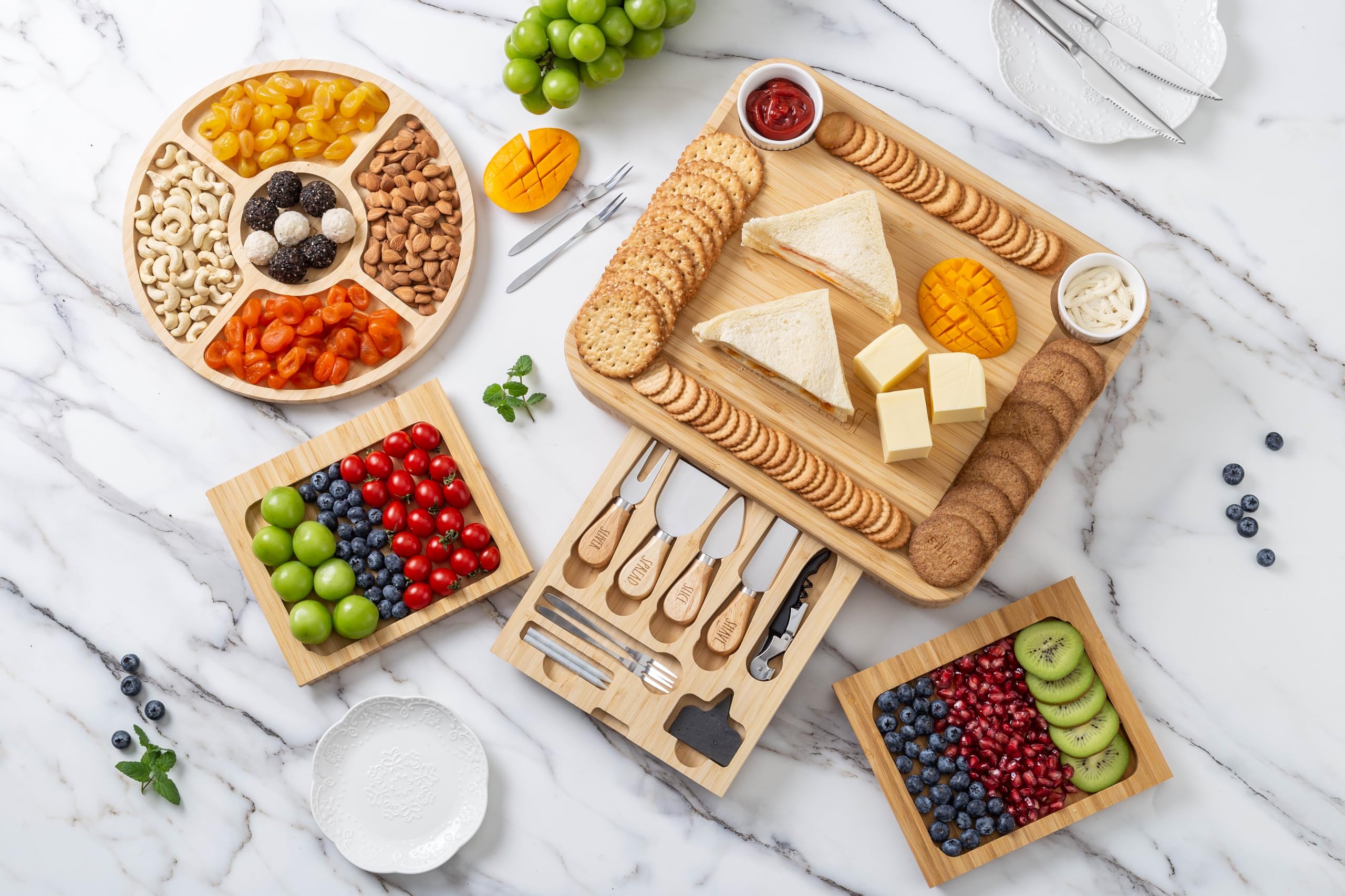 Rae Dunn Charcuterie Board & Accessories - Large Charcuterie Board Set, Bamboo Cheese Board Set with Serving Forks and Platters, Cheese Knives Included