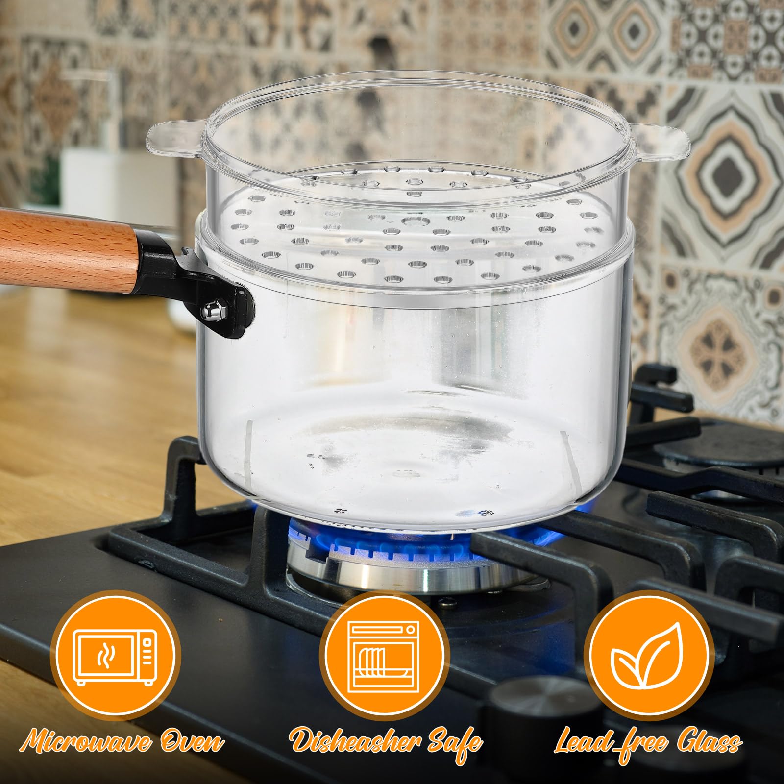 Baderke Small Glass Pot for Cooking with Steamer Lid Brush Spoon Set Glass Cooking Pan for Pasta, Soup, Vegetable, Gravies, Vegetable and More(Style 1)
