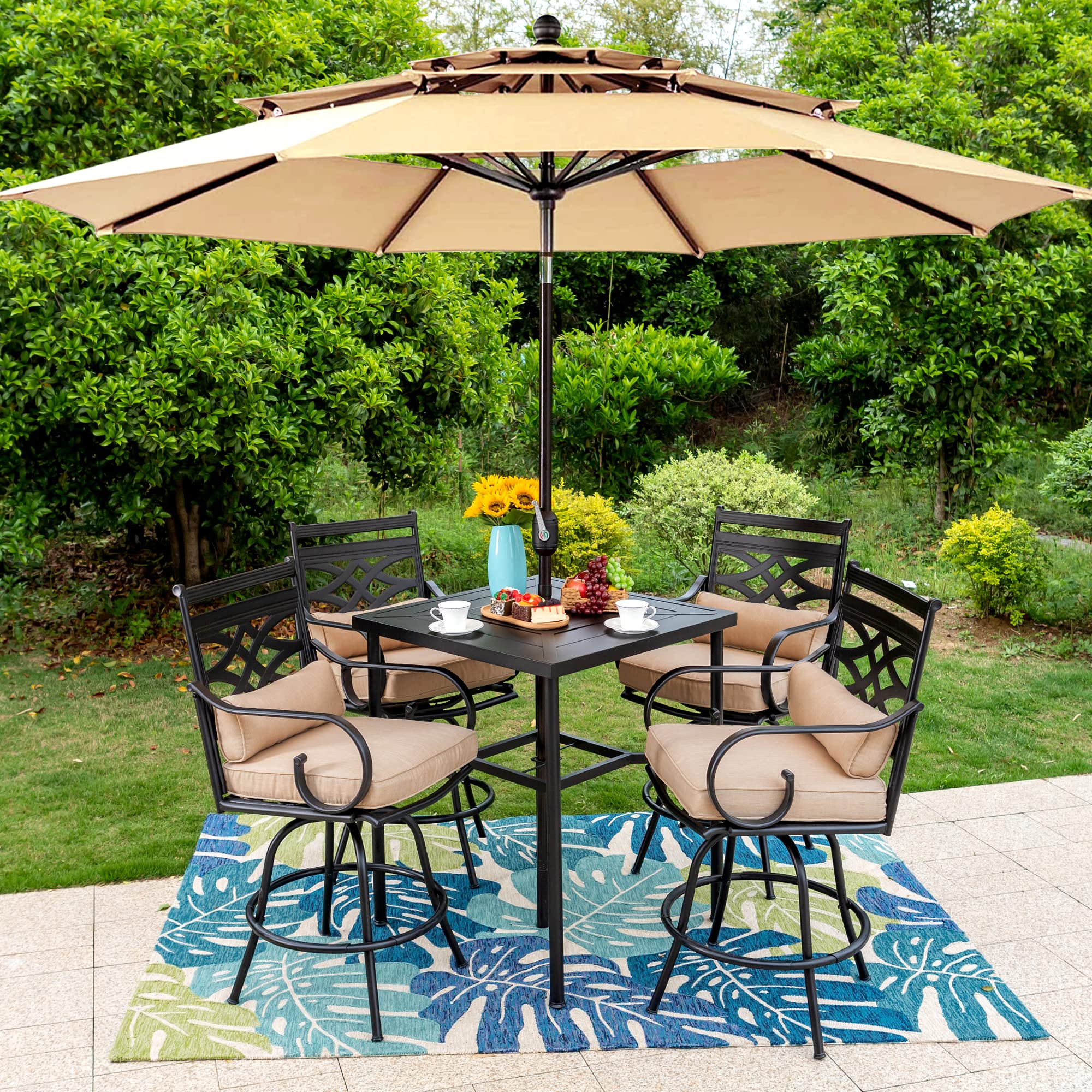PHI VILLA 5 Piece Patio Bar Set,Outdoor Bar Table and Chairs Set, Strong and Heavy Duty Outdoor Bar Set with Cushion and Pillow,4PC Swivel Bar Stools with Square Bar Height Table