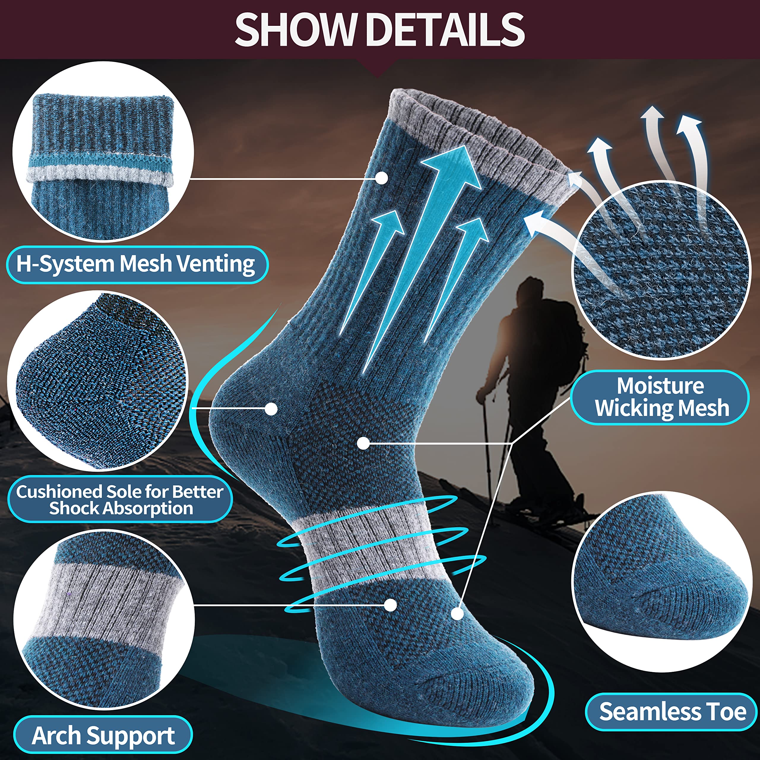 Anlisim Merino Wool Socks for Women Hiking Thermal Warm Winter Boot Work Crew Cushion Ladies Socks 5 Pairs Gift(Black Stripe,(5 Pairs),M)
