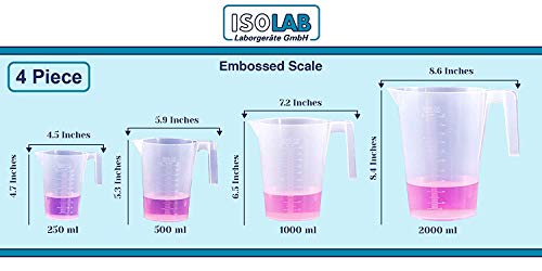 ISOLAB USA - 4 Pieces Premium Set of Laboratory Plastic Beaker With Handle, High Clarity, Polypropylene, Raised Graduations, Autoclavable, Lab Pitchers, (Beakers w/Handle, 4)