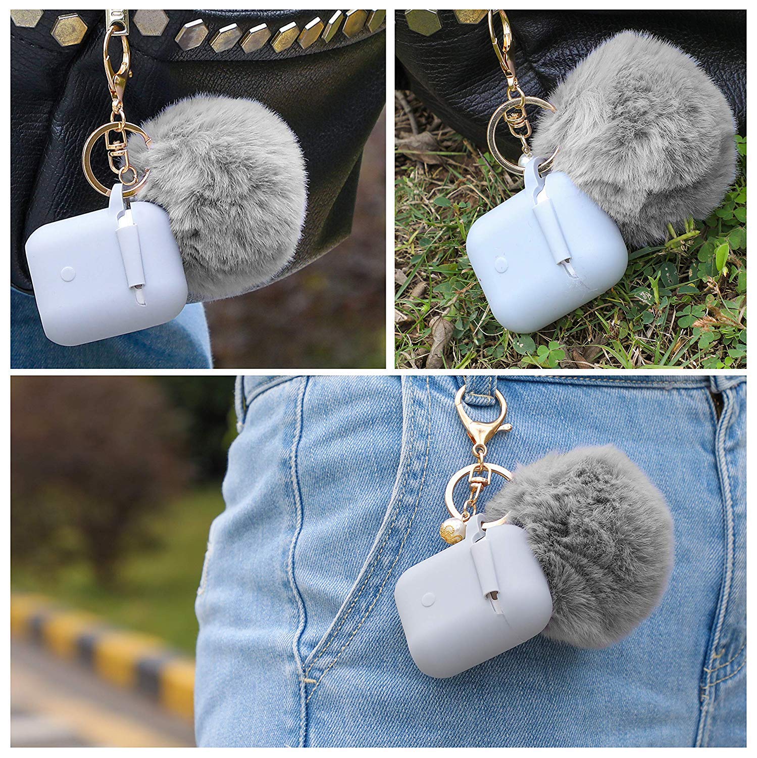 Earphone Silicone Case Cover Skin with Fur Ball Key Chain and Locking Carabiner Compatible with AirPods Charing Case - Hang Case Cover with Anti-Lost Strap as Headphone Accessories (Gray)