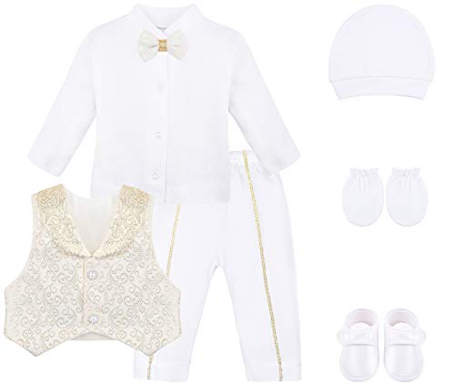 Lilax Baby Boys Newborn Gentleman Outfit Long Sleeve White Shirt with Vest and Pant 6 Piece Set 0-3 Gold
