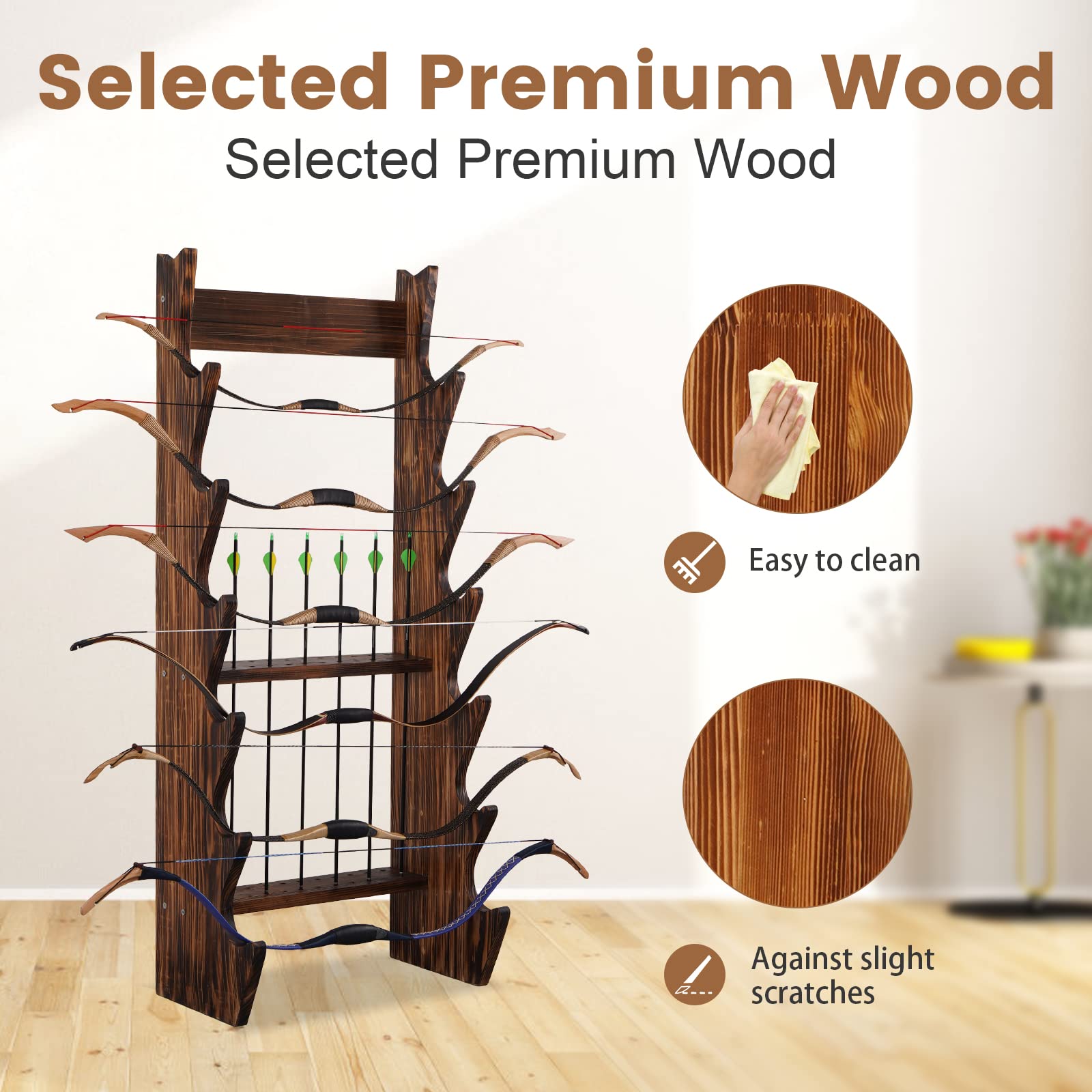 Aimdorarchery Bow Stand Bow Shelf for All Bows Pure Pine Wood Retro Design Best Choice for Bow Wall Decor Sturdy and Stable Bow Stand Can Hold 6 Bows 24 Arrows Storing your equipment conveniently