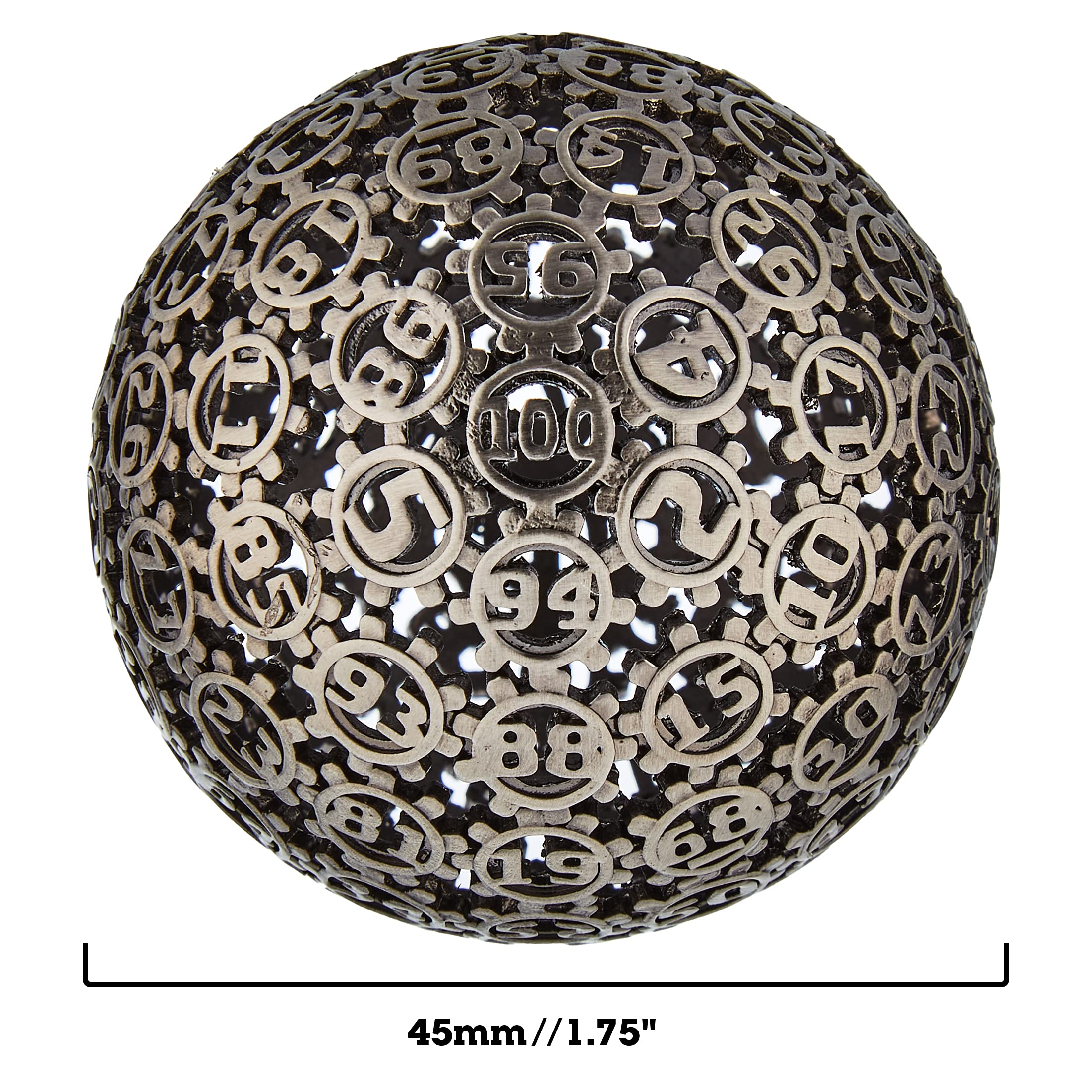 Clockwork Hollow d100 Polyhedral Dice in Protective Case - Giant 45mm Metal 100 Sided Die with Steampunk Gears - Premium Novelty Tabletop RPG Fantasy Accessory Roleplaying Games DND (Ancient Silver)