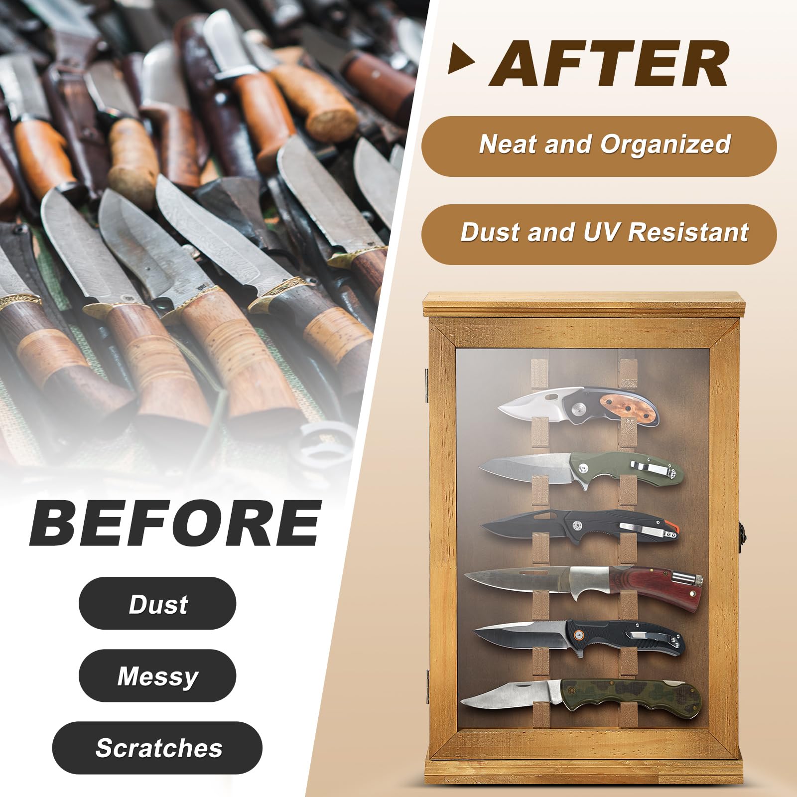GlikCeil Pocket Knife Display Case with Lockable Clear Acrylic Door, Wall Mount Wooden Knife Display Stand, Knife Holder Display Cases for Collection, Storage, Military Folding Knife Shelf Shadow Box
