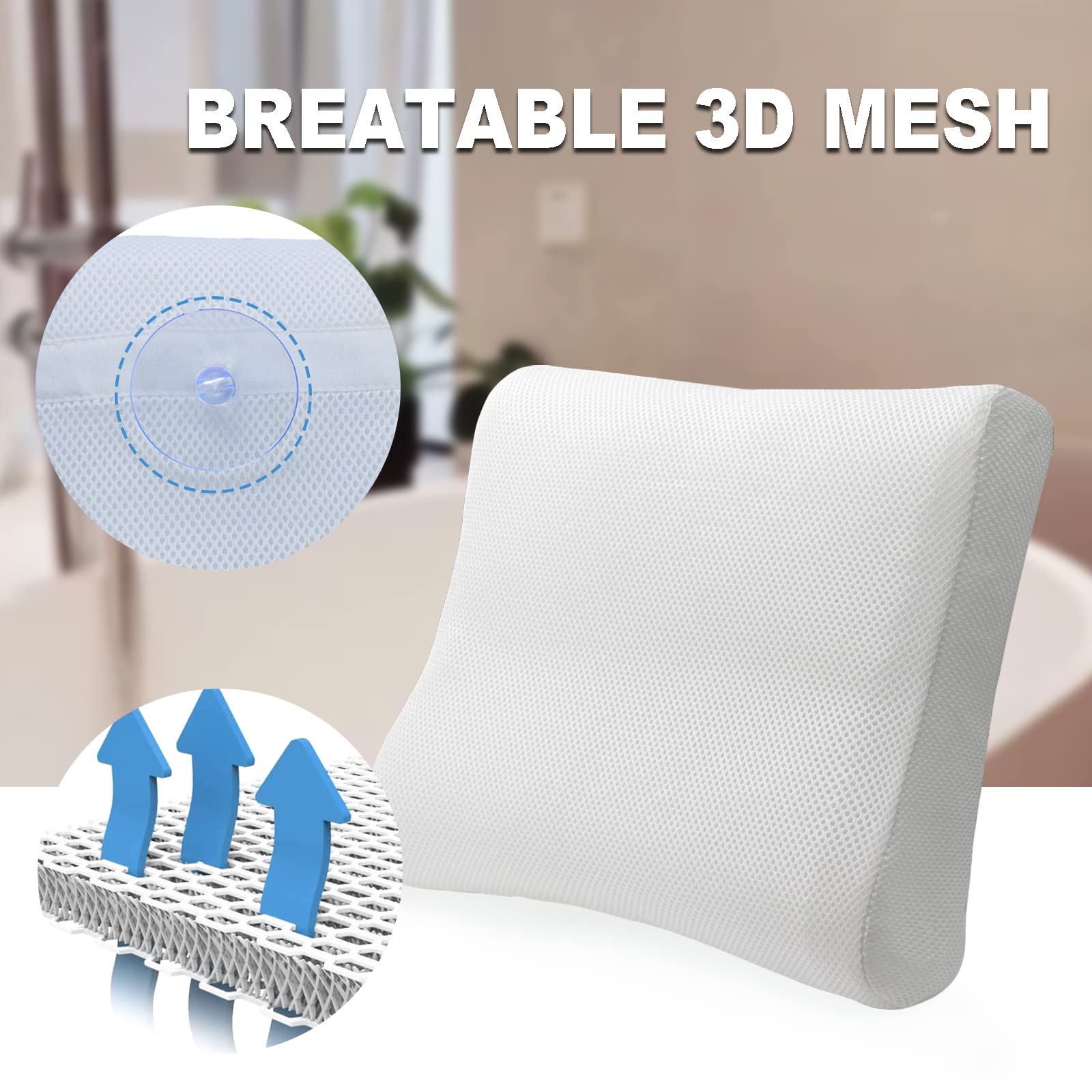 Bath Pillows for Tub,Comfortable Bathtub Pillows for Tub Spa,Neck and Back Support with Non Slip Suction Cups Bath Pillow,3D Ergonomic Air Mesh Headrest Cushion with Cover