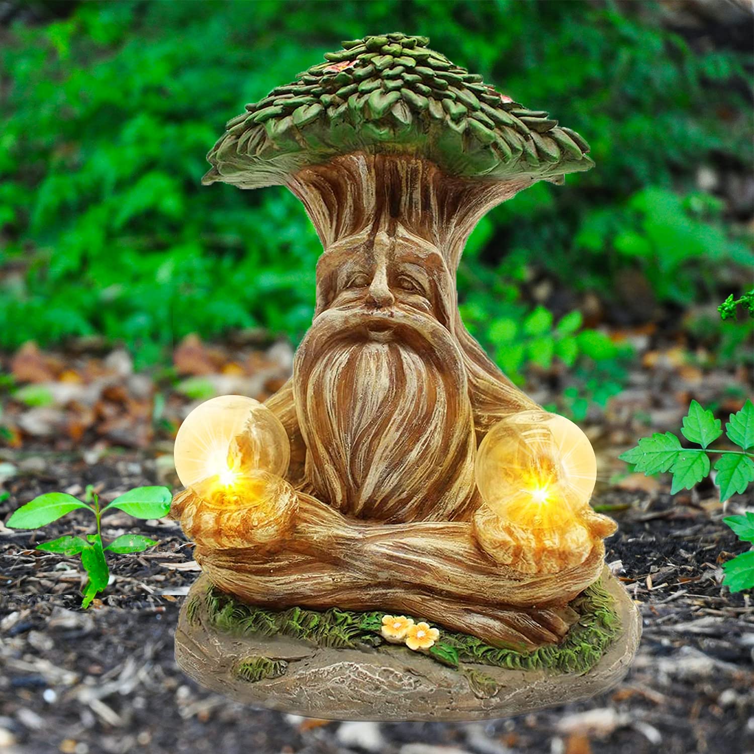 Zen Tree Man Solar Statue Meditation Old Man Figurine with LED Light Fairy Garden Tree Elf Gnome Statue,for Outdoor Decor Patio Yard Lawn Porch Halloween Decoration,11" Tall