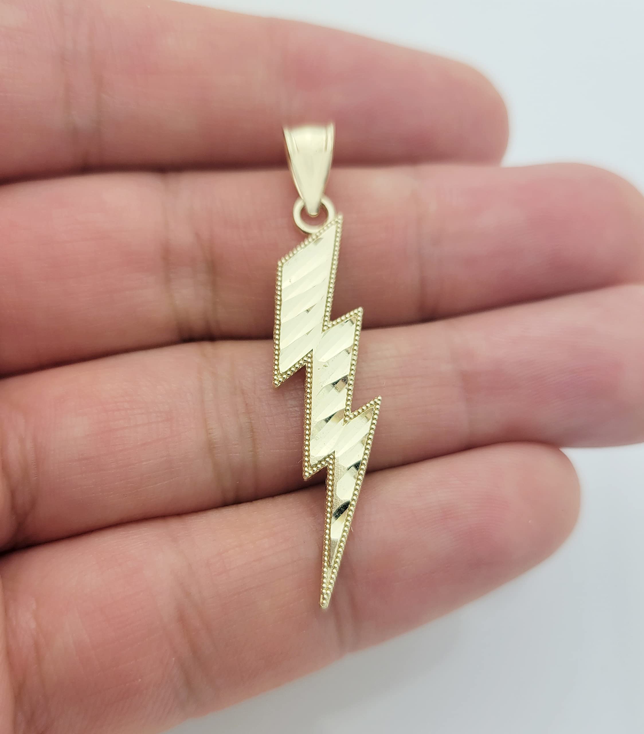 AMZ Jewelry Solid 10K Yellow Gold Lightning Bolt Necklace Pendant Diamond Cut 1.7 inch