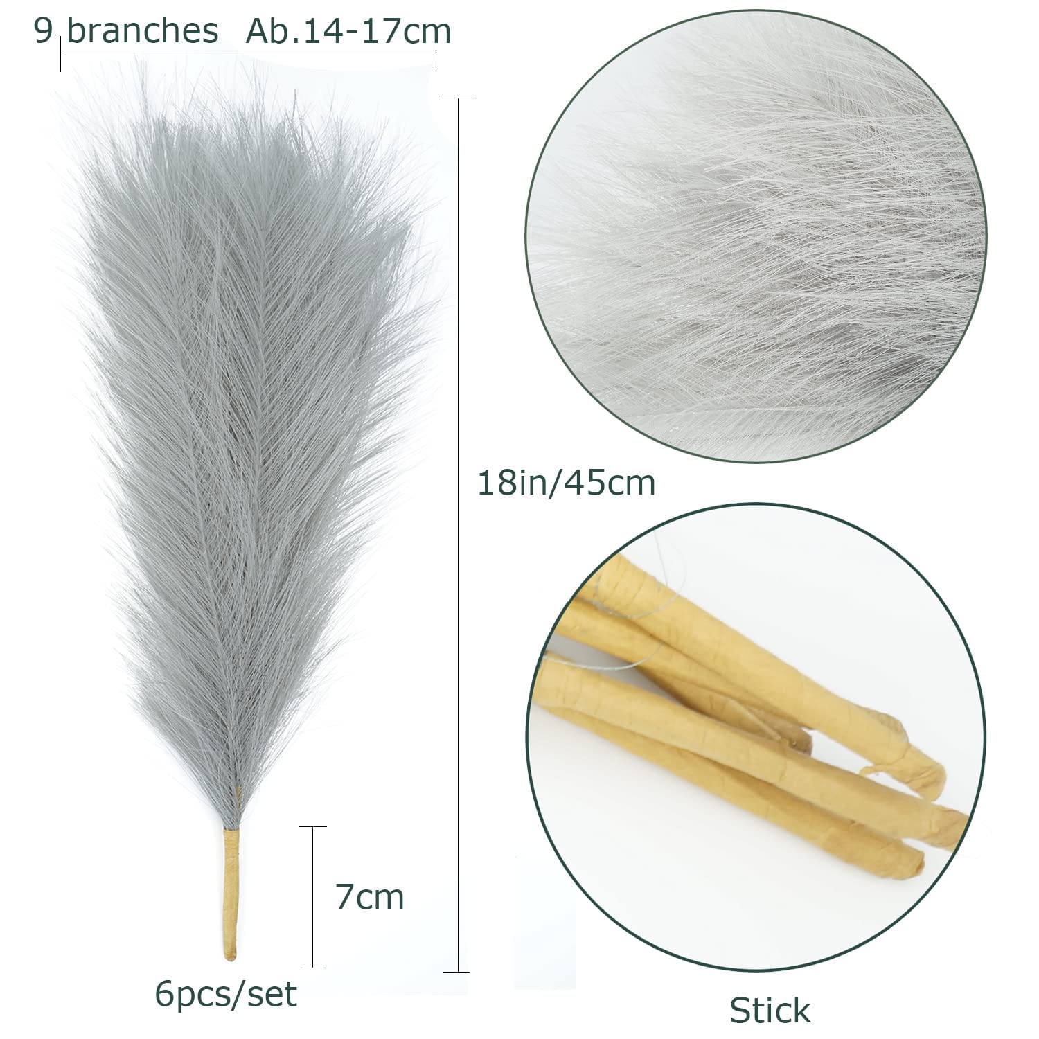 Faux Pampas Grass 6 Stems Small Artificial Pampas Grass 18'' No-Shedding Short Fake Pampas Grass Pompass Fluffy Plants Boho Decor for Centrepiece Living Room Home Office Wedding, No Vase (Grey)