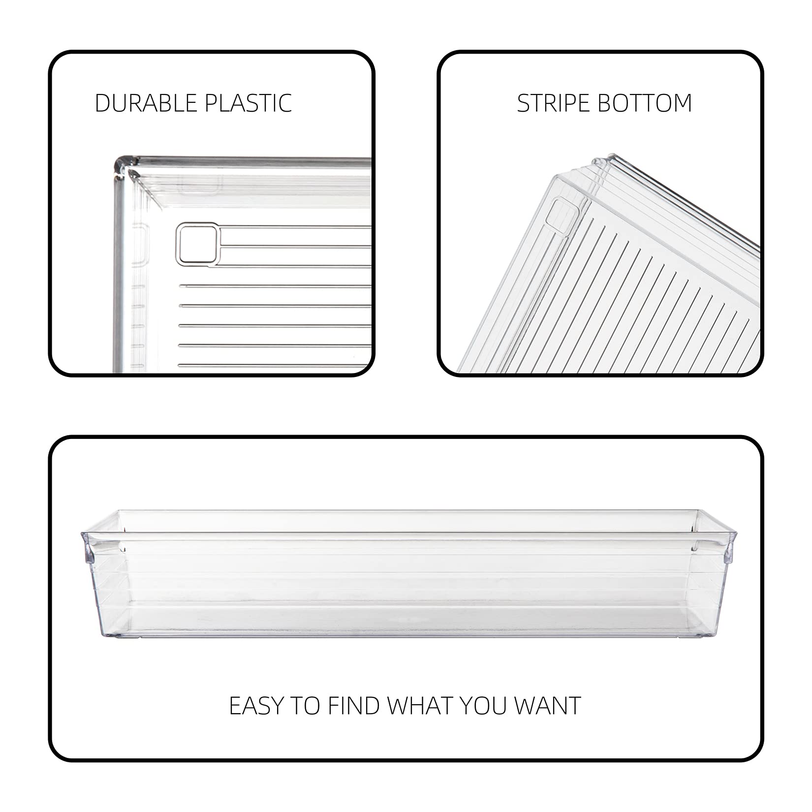 Backerysupply Clear Plastic Drawer Organizer Tray for Vanity Cabinet (9"×3"×2",Set of 8),Storage Tray for Makeup, Kitchen Utensils, Jewelries, and Gadgets