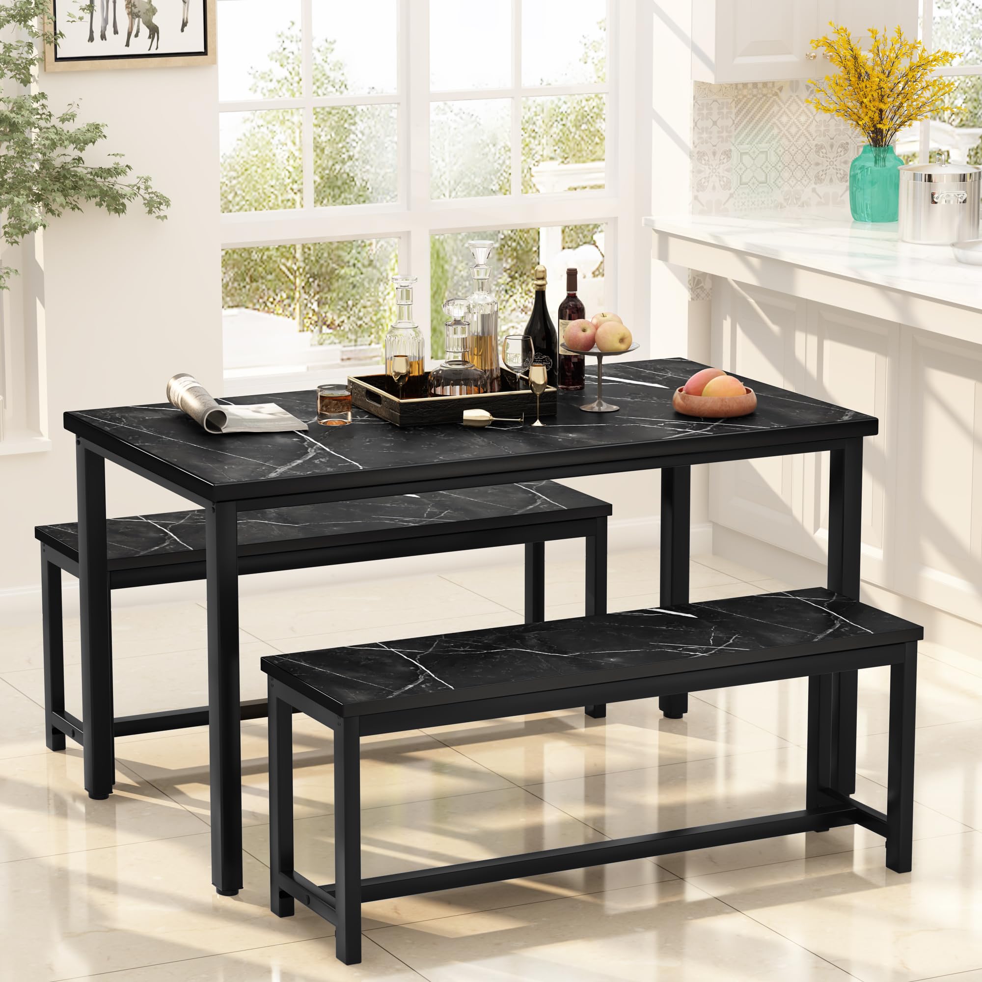 AWQM 47'' Dining Table with Bench, Dining Room Table Set for 4-6, Modern Kitchen Table and Chairs Set, Faux Marble Kitchen Breakfast Set for Apartment, Small Space, Breakfast Nook, Black