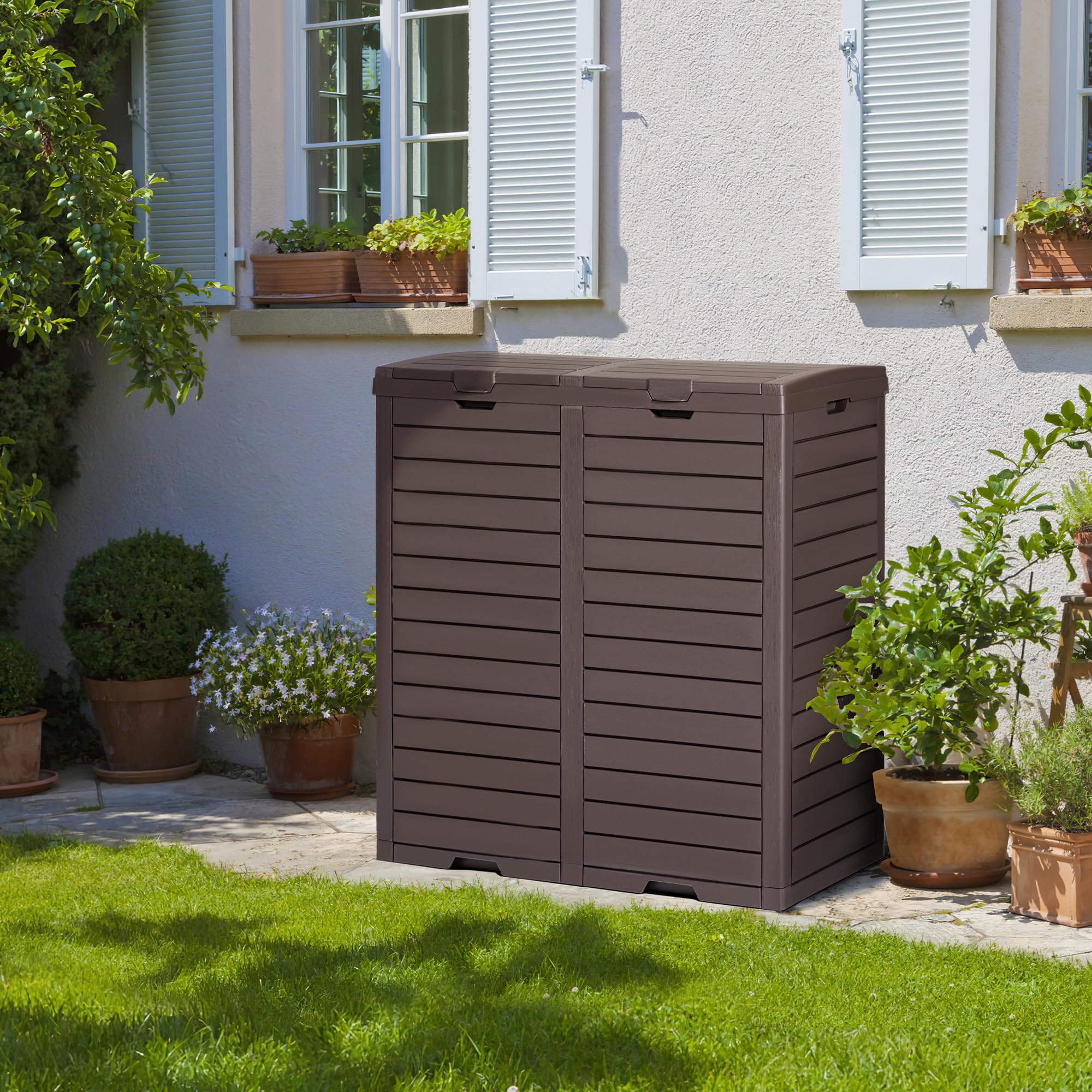 Homall 80 Gallon Outdoor Trash Can Resin Garbage Can Dual Waste Bins with Lid, Drip Tray, Side Grooves for Patio Backyard Deck Roadside
