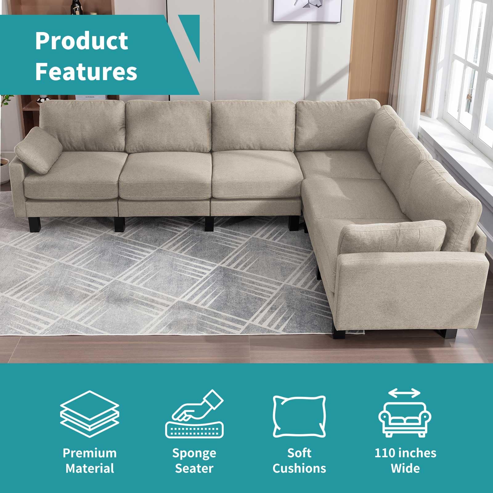 BALUS 110" L Shaped Sectional Sofa for Living Room, Oversized Corner Sofa with Cushions, 5-seat Couch for 5, Modern Upholstered Linen Sofas with Solid Wood Base, Easy Assembly - Beige