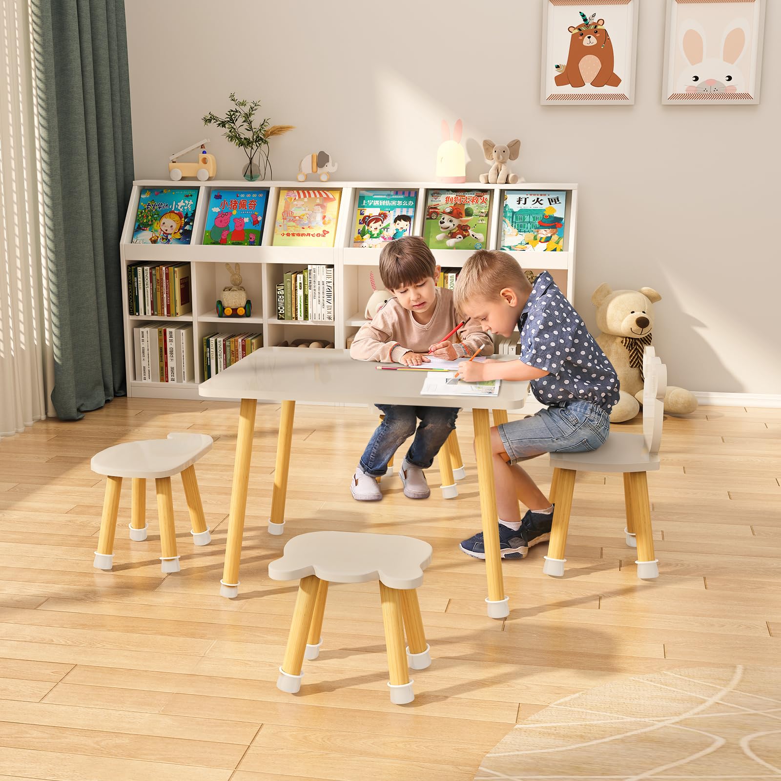 BanaSuper Table & Chair Set - Wooden Weaning Table with 4 Animal-Themed Chairs for Arts & Crafts, Snack Time, and Homework, Ideal for Learning & Development Furniture (Grey)