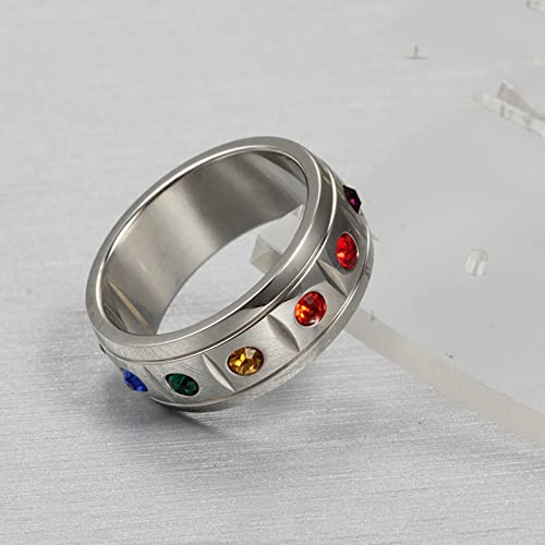 ANAZOZ Stainless Steel Wedding Bands Women and Men, 8MM Cubic Zirconia Rainbow Engraved Ring for Him and Her, Women Size 9 + Men Size 8