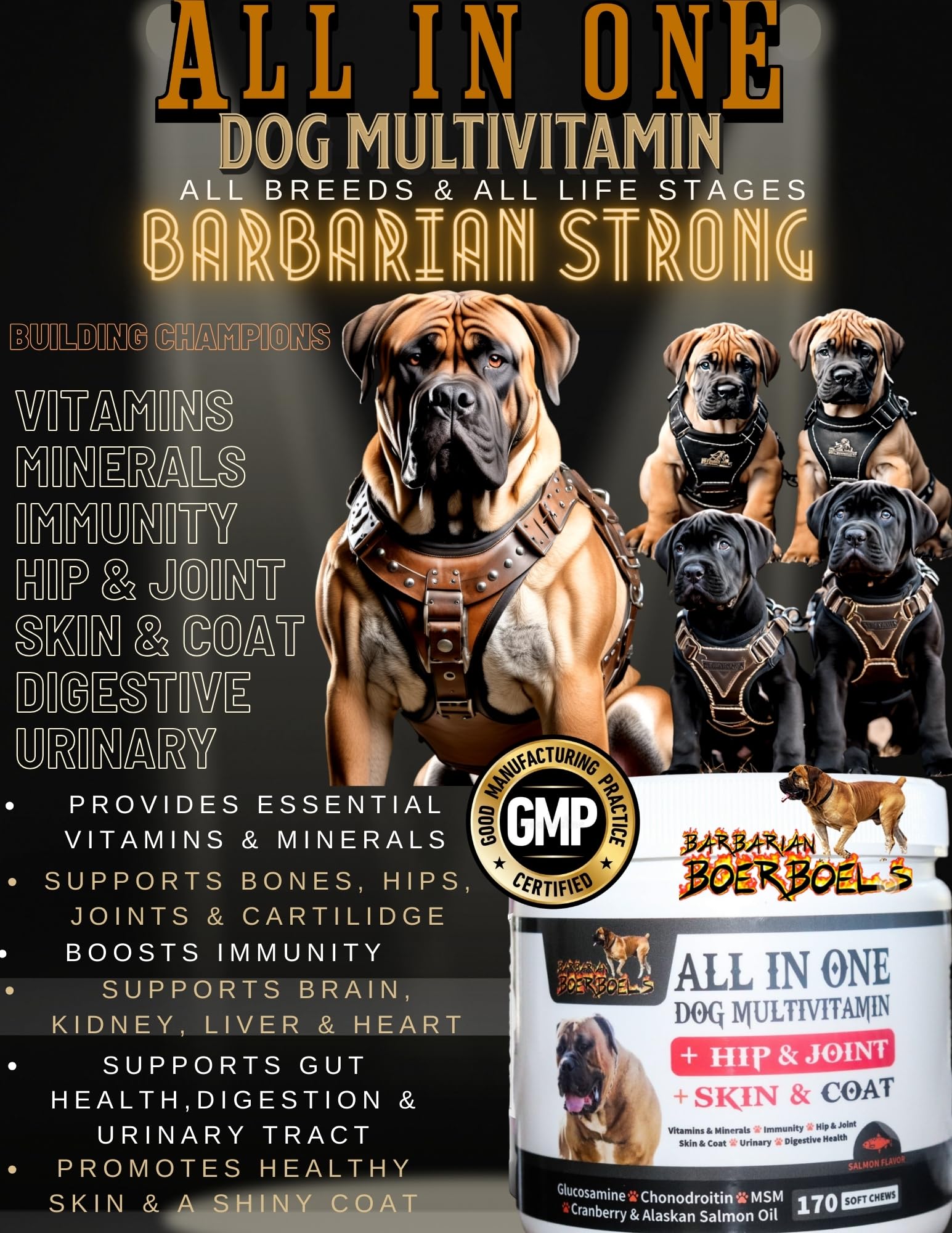 Barbarian Boerboels All in One Dog Multivitamin for Hip and Joint, Skin and Coat, 170 Count.