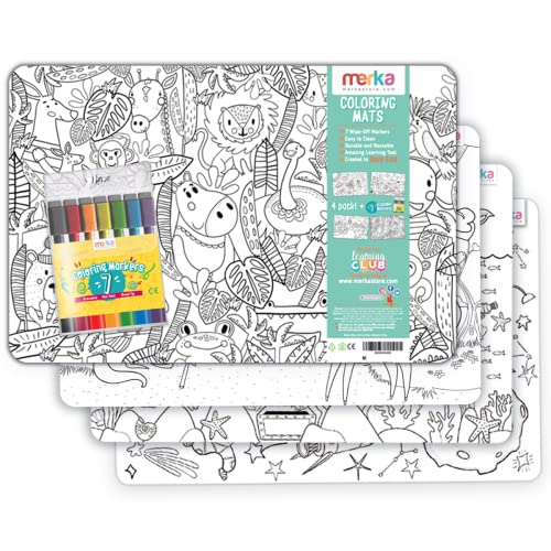 merka 4 Pack Kids Coloring Placemats with 7 Dry Erase Markers, Toddler Placemats for Dining Table Featuring Jungle, Space, Sea, Unicorns, Fun Activity for Boys and Girls