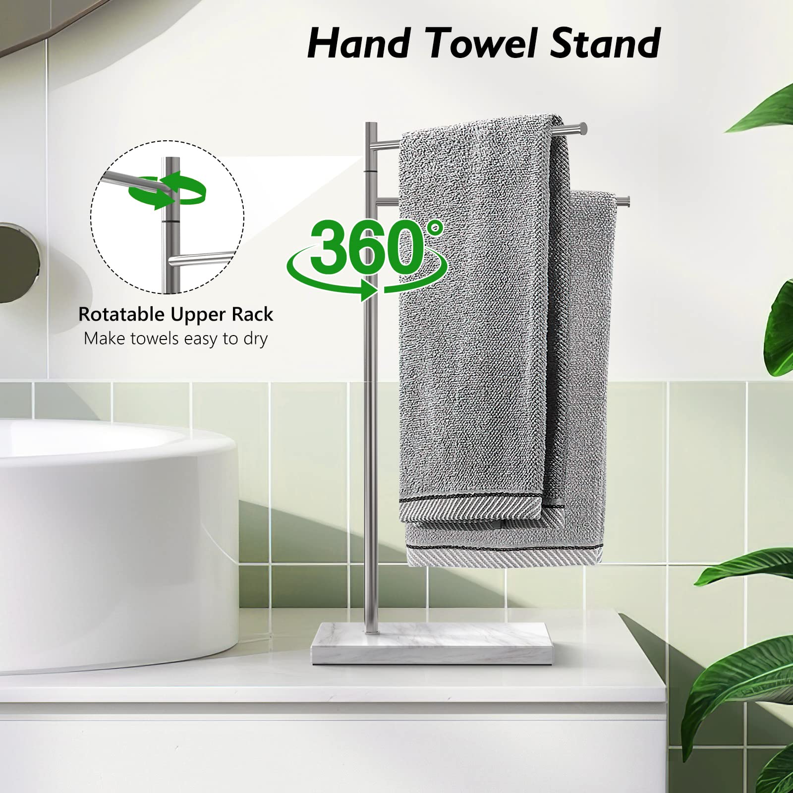 Luxspire Marble Hand Towel Holder, Free Standing Hand Towel Stand, πππ©πͺπ§ππ‘ Marble Base Countertop Towel Stand Stainless Steel Swivel Towel Rack for Bathroom Kitchen Countertop, F-Shape