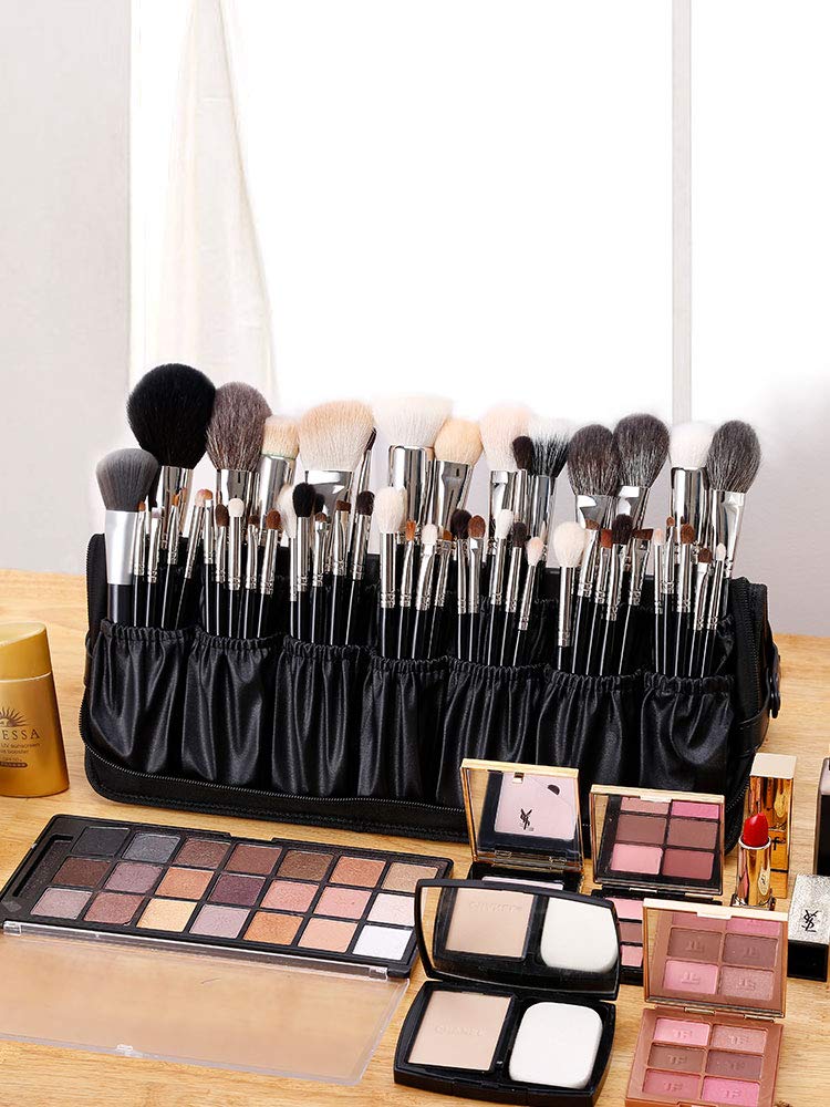 Rownyeon Professional Makeup Brushes Organizer Bag Makeup Artist Cosmetic Case Leather Handbag Black Travel Portable(Only Bag)