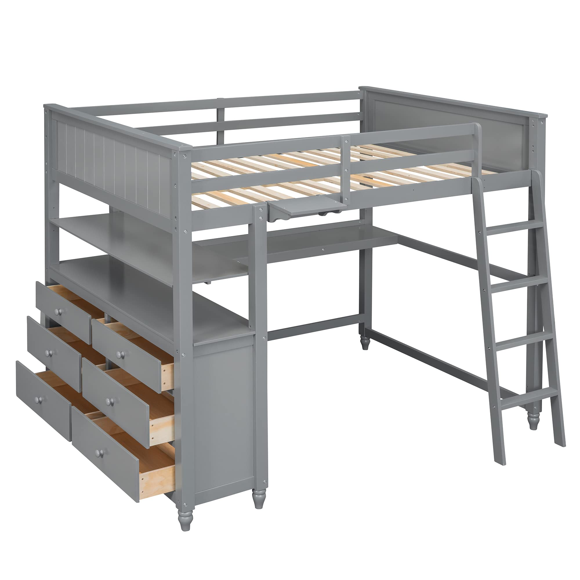 Bellemave Full Size Loft Bed with Desk & Storage Drawers Wood Loft Bed Frame with Ladder for Kids Adults Boys Girls Teens, Gray